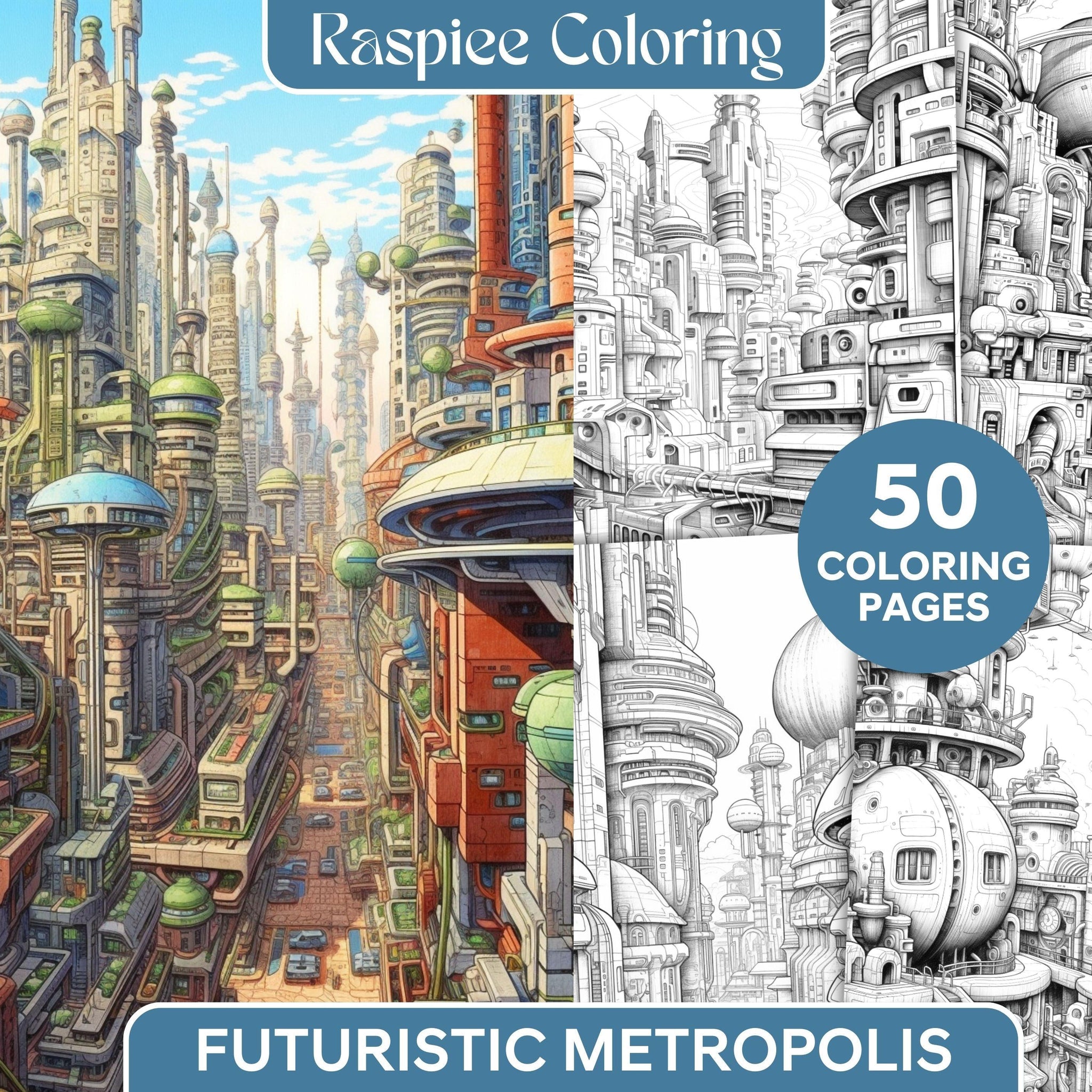 50 Futuristic Metropolis Grayscale Coloring Pages Printable for Adults