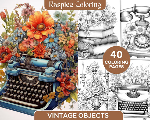 40 Vintage Objects Grayscale Coloring Pages Printable for Adults, PDF