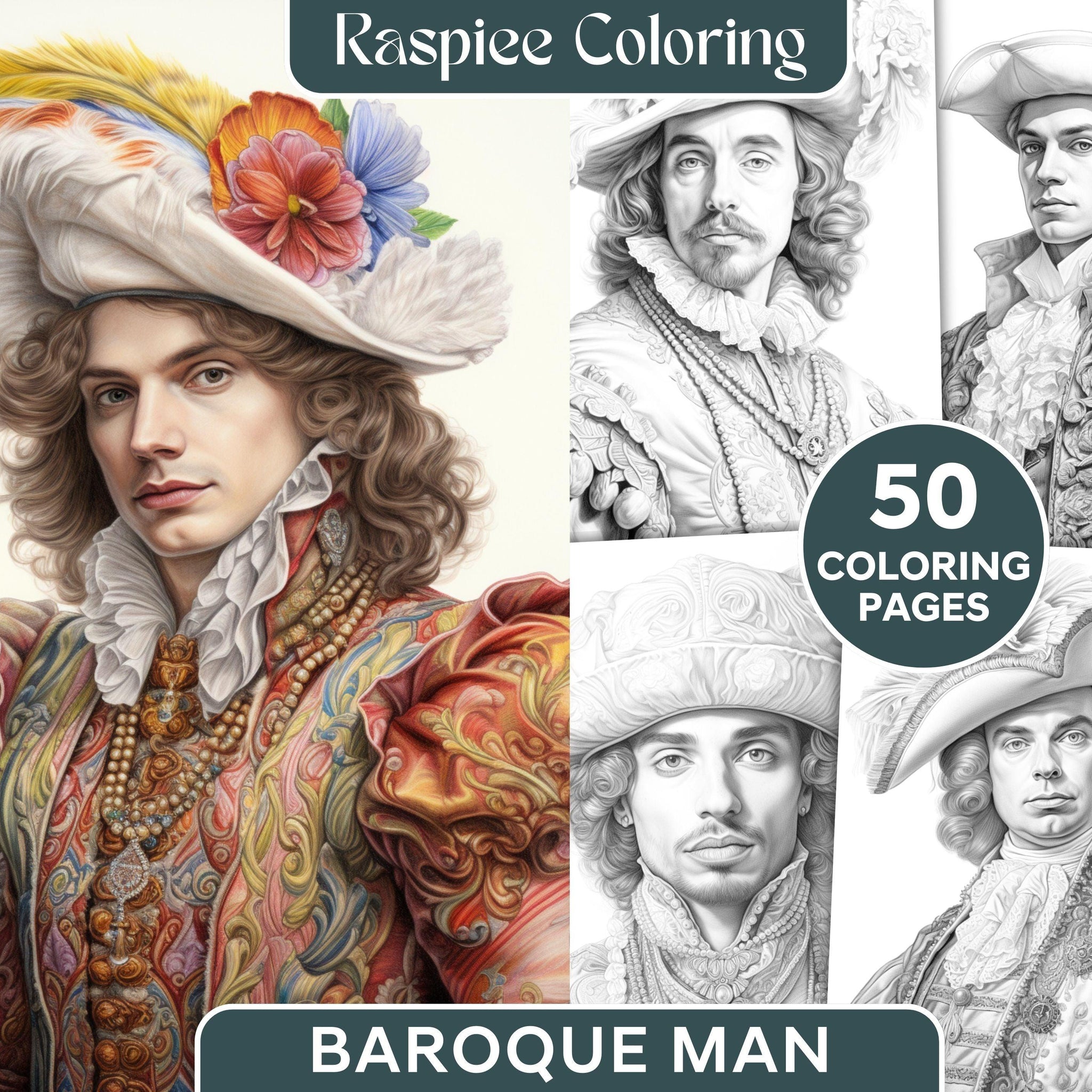 50 Baroque Man Portrait Grayscale Graysale Coloring Pages Printable fo
