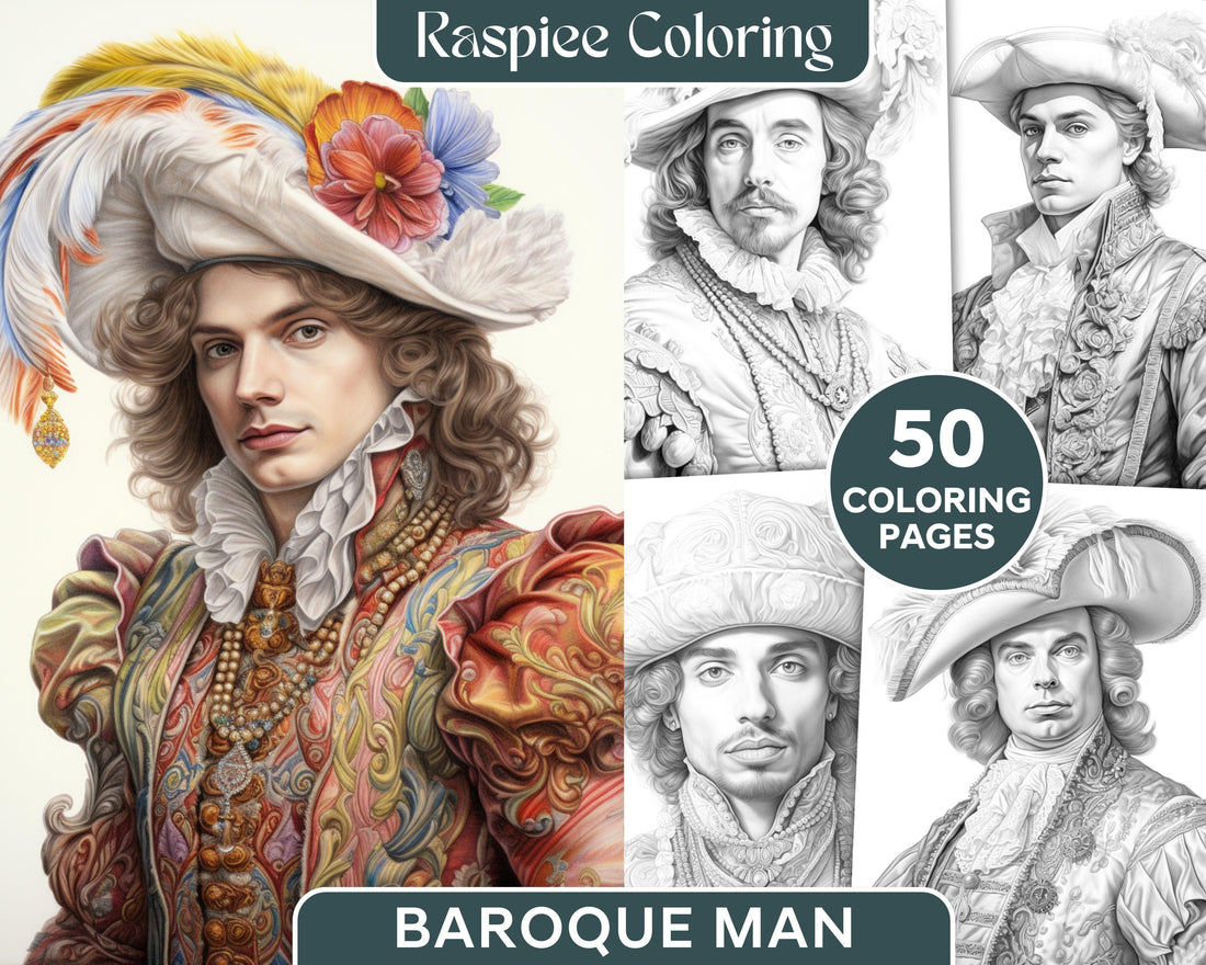50 Baroque Man Portrait Grayscale Graysale Coloring Pages Printable fo