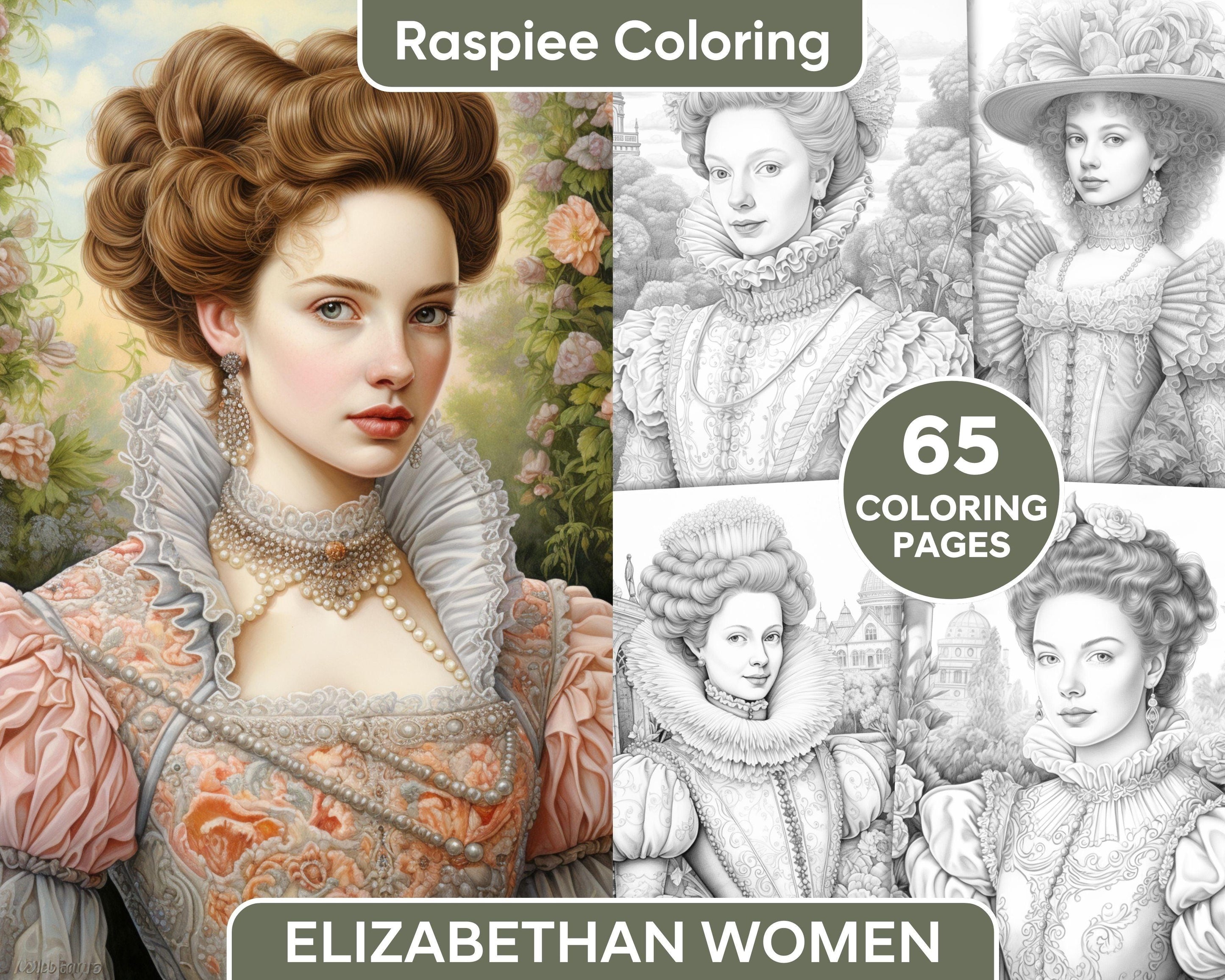 65 Elizabethan Women Portraits Grayscale Adult Coloring Pages, Printab ...