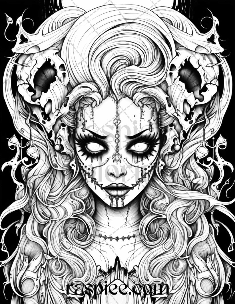 50 Spooky Miss Nightmare Grayscale Coloring Pages Printable for Adults