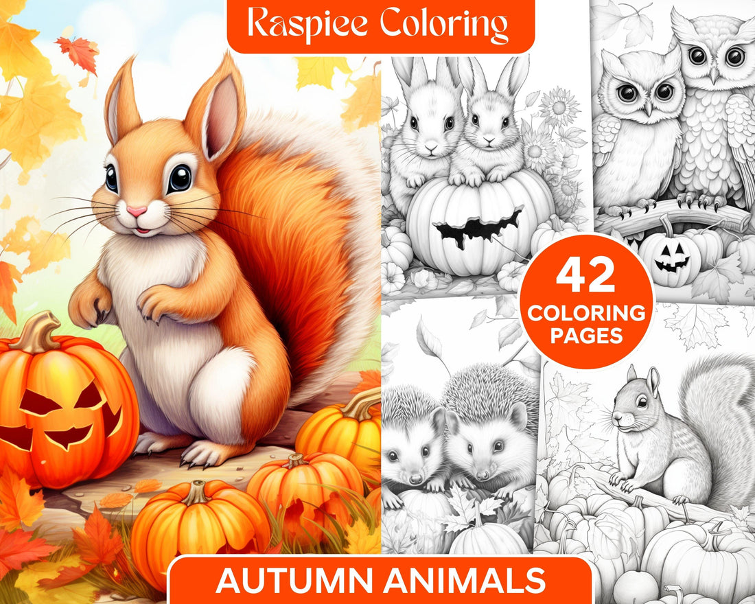 Autumn Animals Grayscale Coloring Pages for Adults and Kids, Printable
