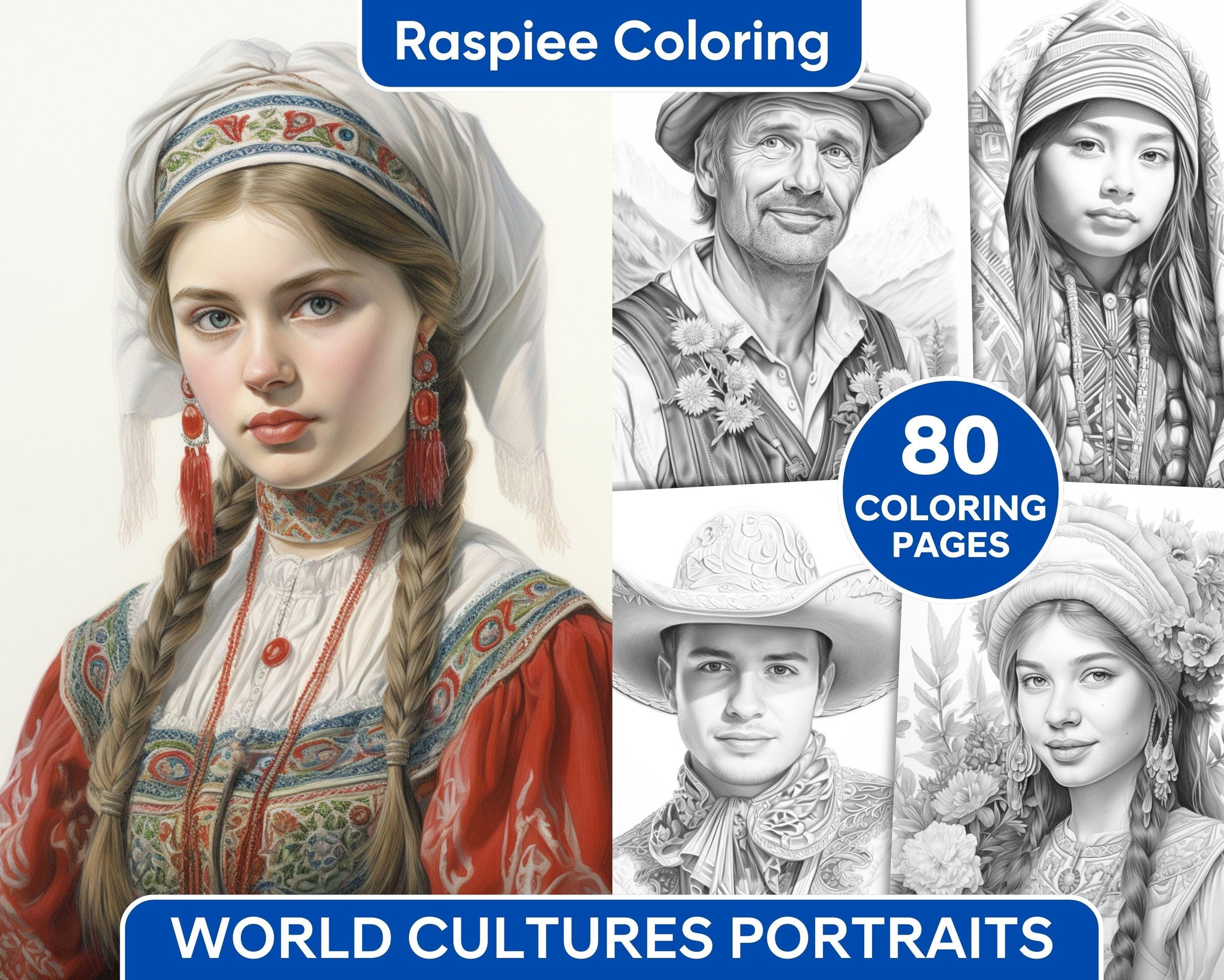 80 World Cultures Portraits Grayscale Adult Coloring Pages, Printable ...