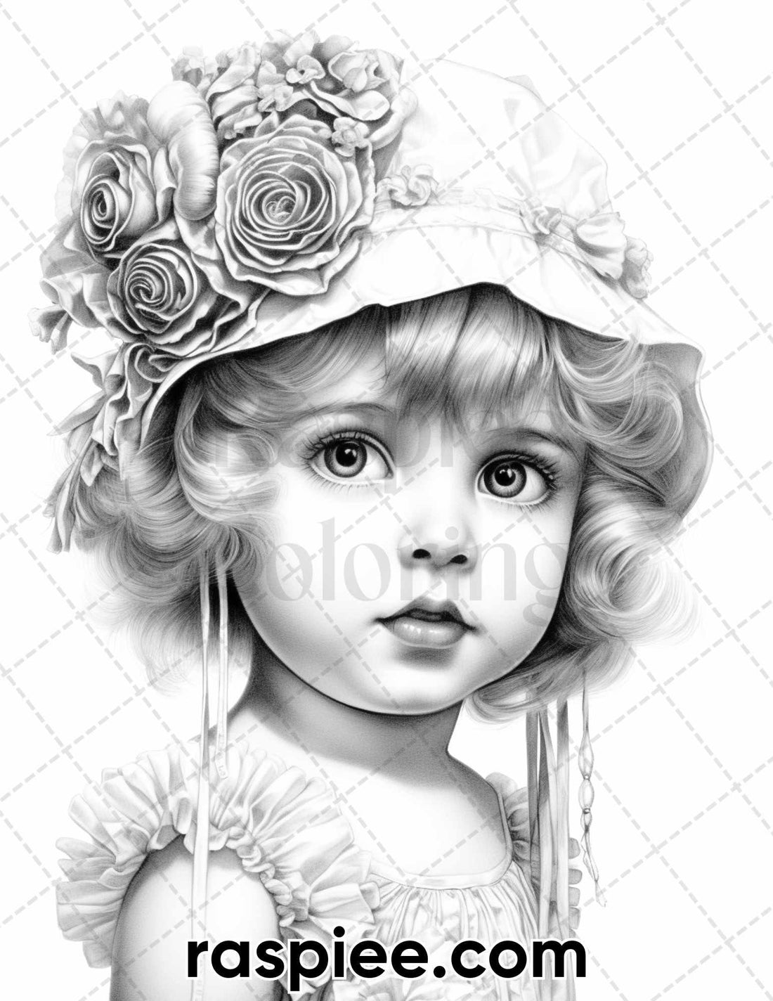 50 Vintage Flapper Baby Girls Grayscale Coloring Pages for Adults, Pri