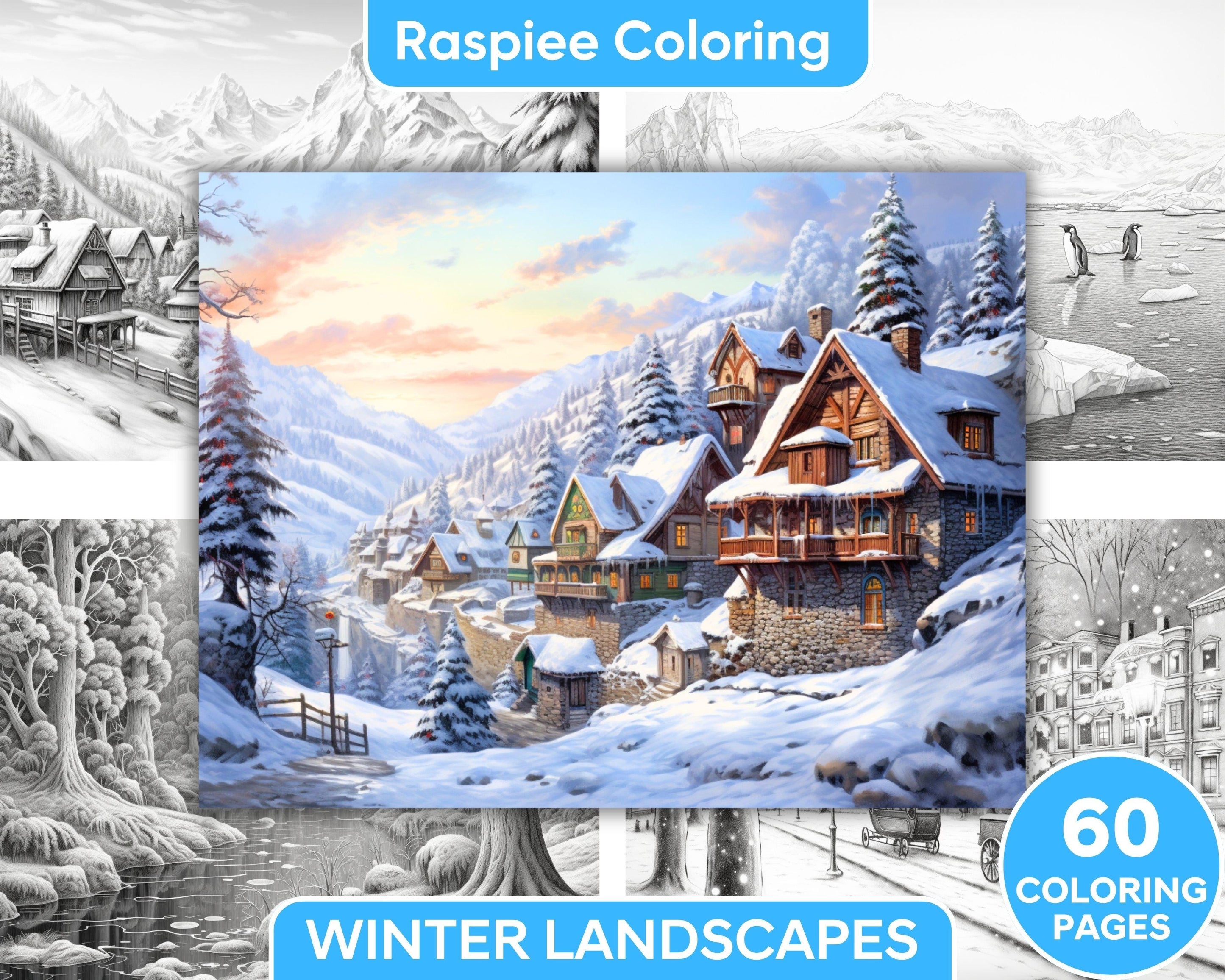 60 Enchanting Winter Landscapes Grayscale Coloring Pages for Adults, I ...
