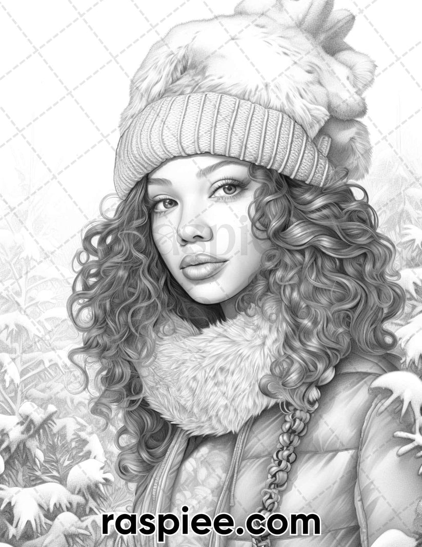 50 Christmas Black Beauties Portrait Grayscale Coloring Pages for Adul
