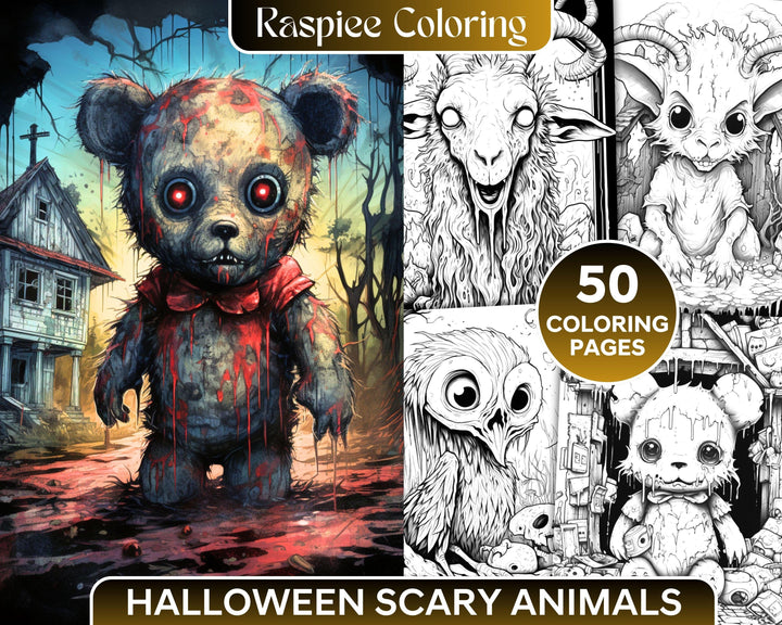 50 Halloween Scary Animals Grayscale Coloring Pages Printable for Adul