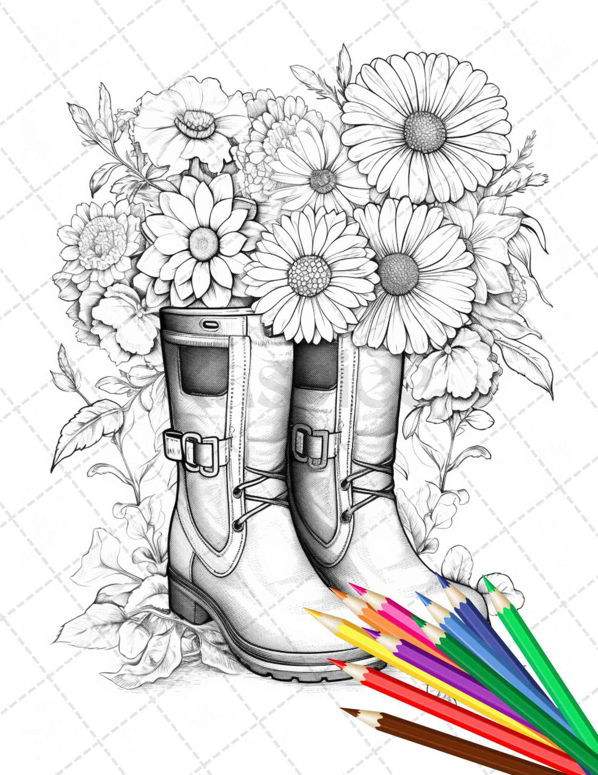 32 Flower Boots Coloring Pages Printable for Adults, Floral Grayscale