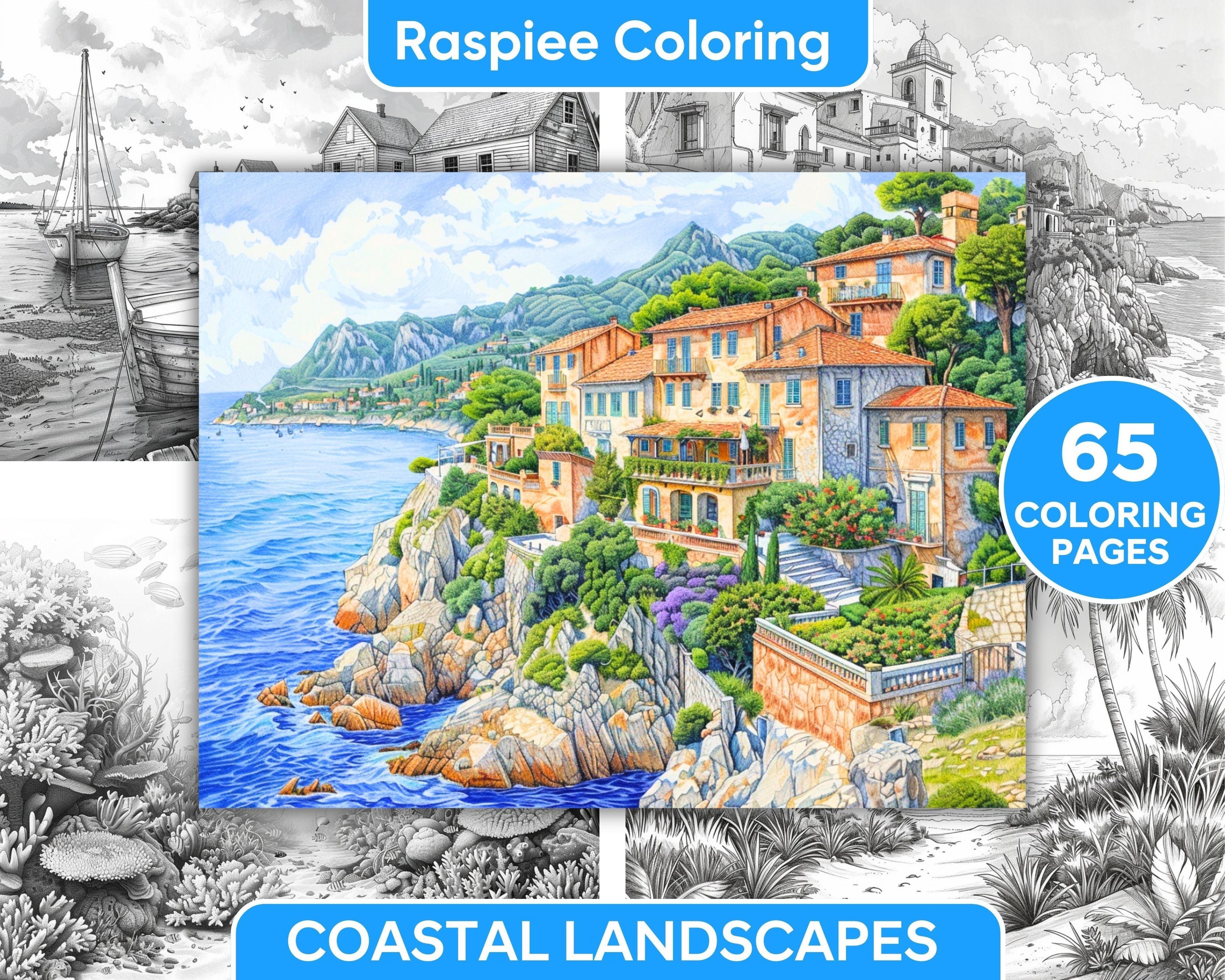 65 Coastal Landscapes Grayscale Adult Coloring Pages, Printable PDF In ...