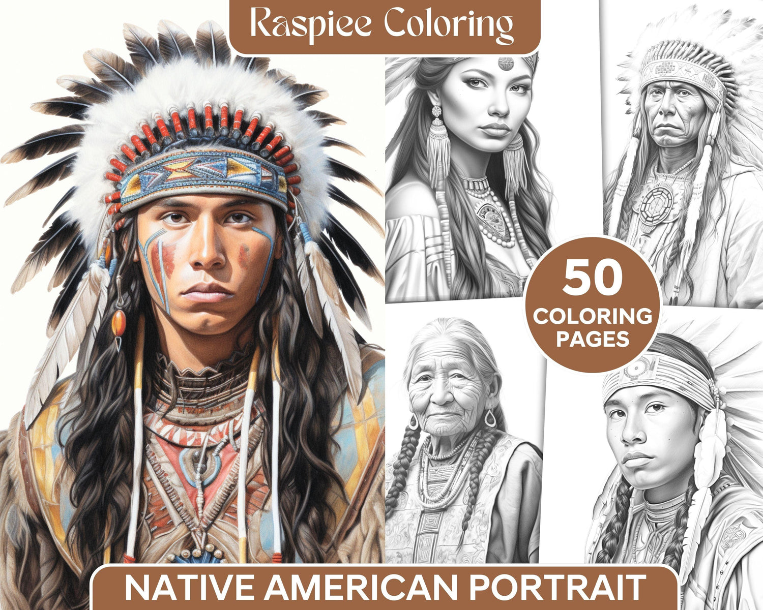 Native American Portrait Grayscale Coloring Pages Printable for Adults