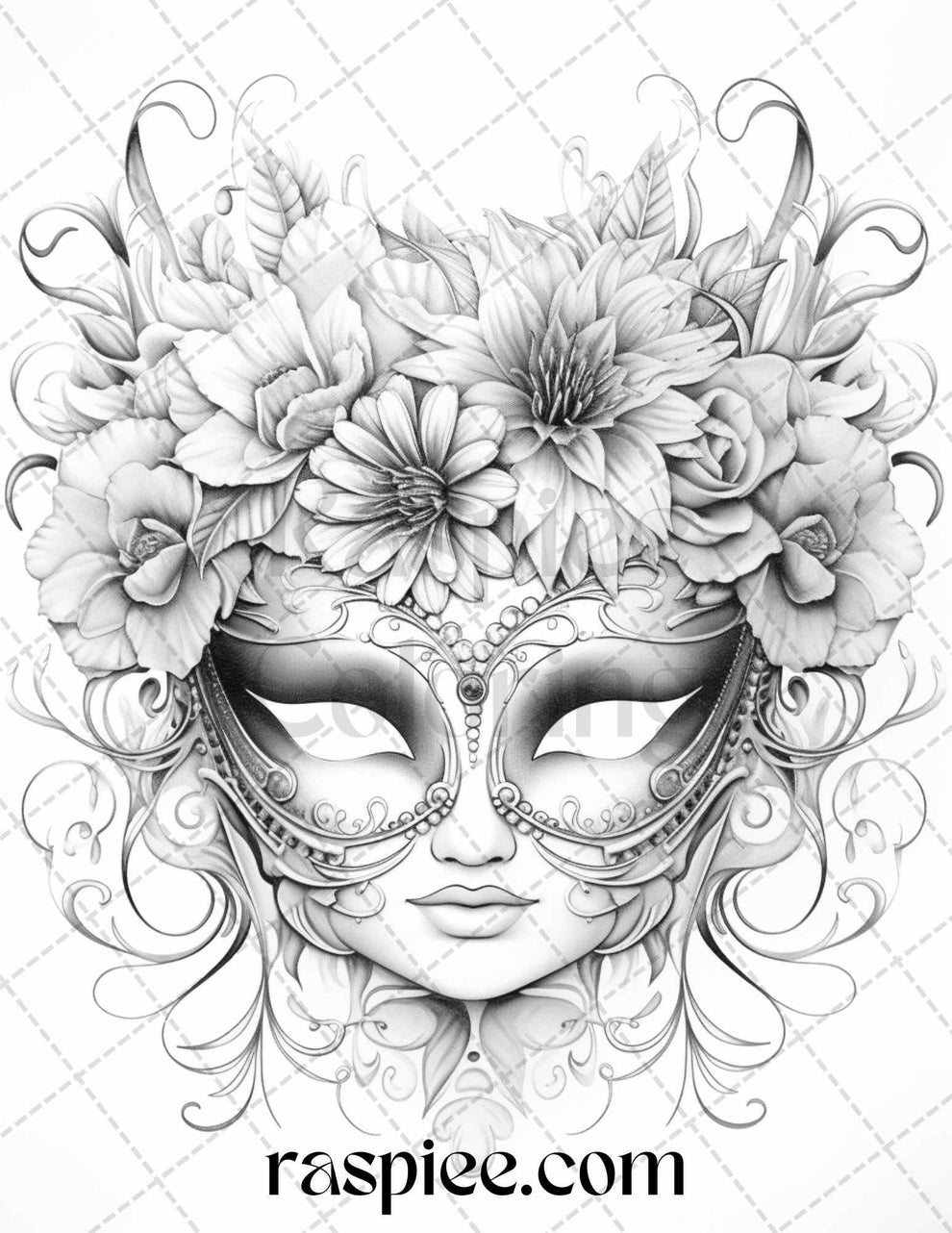 40 Masquerade Masks Grayscale Coloring Pages Printable for Adults, PDF
