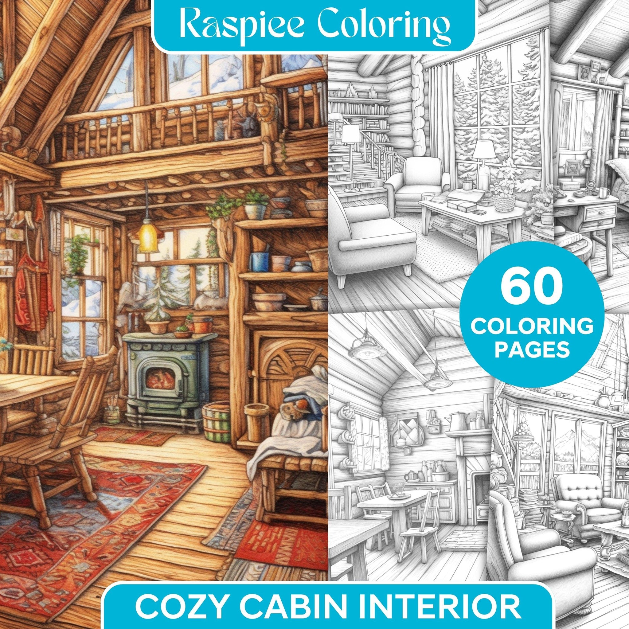 Cozy Cabin Interior Grayscale Coloring Pages Printable for Adults, PDF