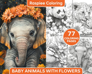 77 Baby Animals with Flowers Grayscale Adult Coloring Pages Printable ...