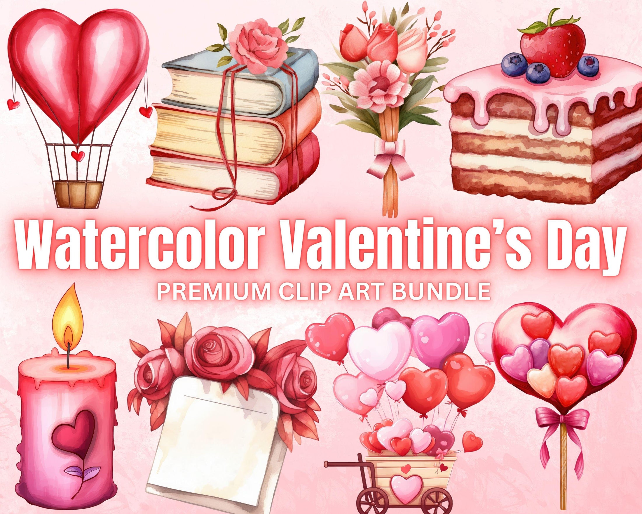 Romantic Watercolor Valentine's Day Clipart Bundle, 73 PNG High-Res Fi ...