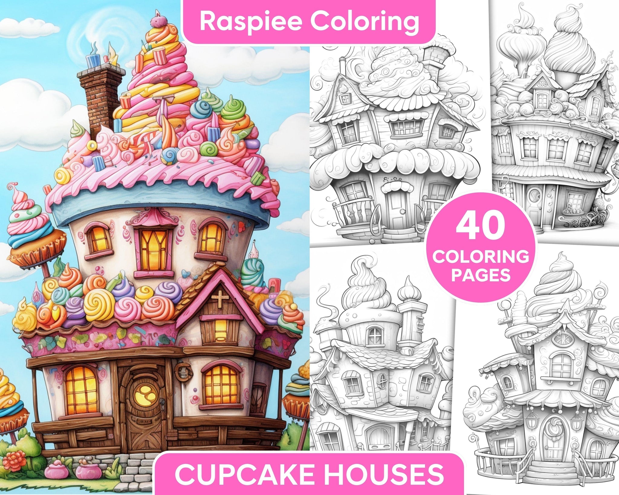40 Whimsical Cupcake Houses Grayscale Coloring Pages for Adults, Print ...
