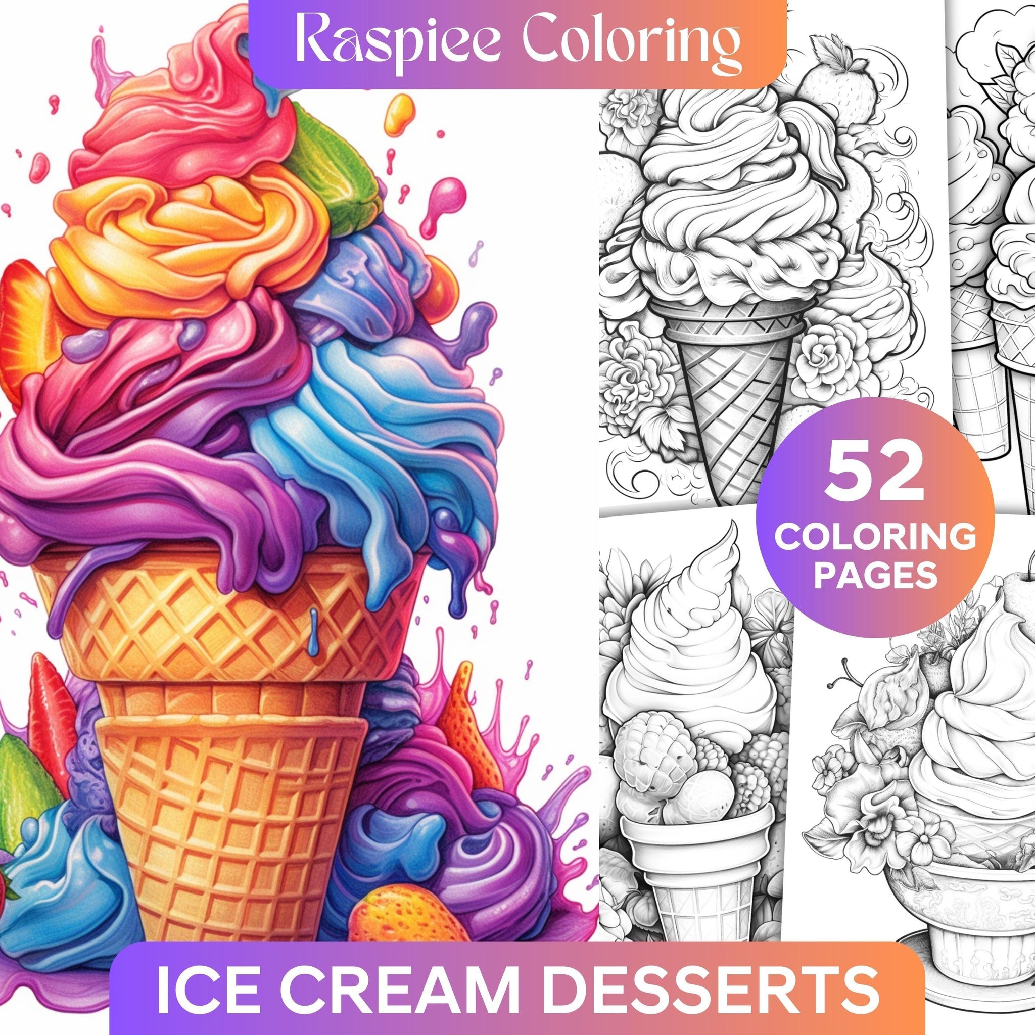 52 Printable Ice Cream Desserts Coloring Pages for Adults and Kids, Gr
