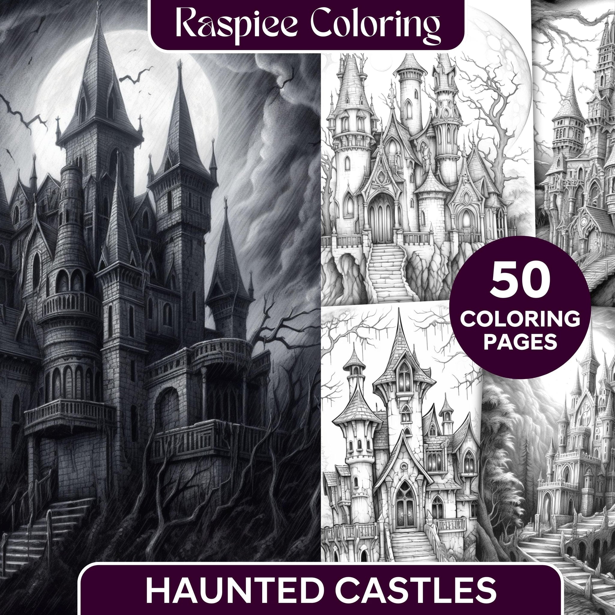 50 Haunted Castles Grayscale Coloring Pages Printable, Halloween Color