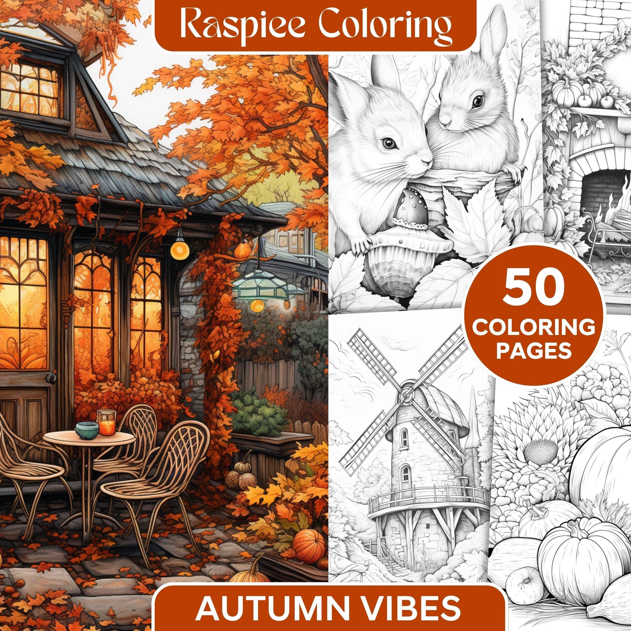 Autumn Vibes Grayscale Coloring Pages Printable for Adults, PDF File I