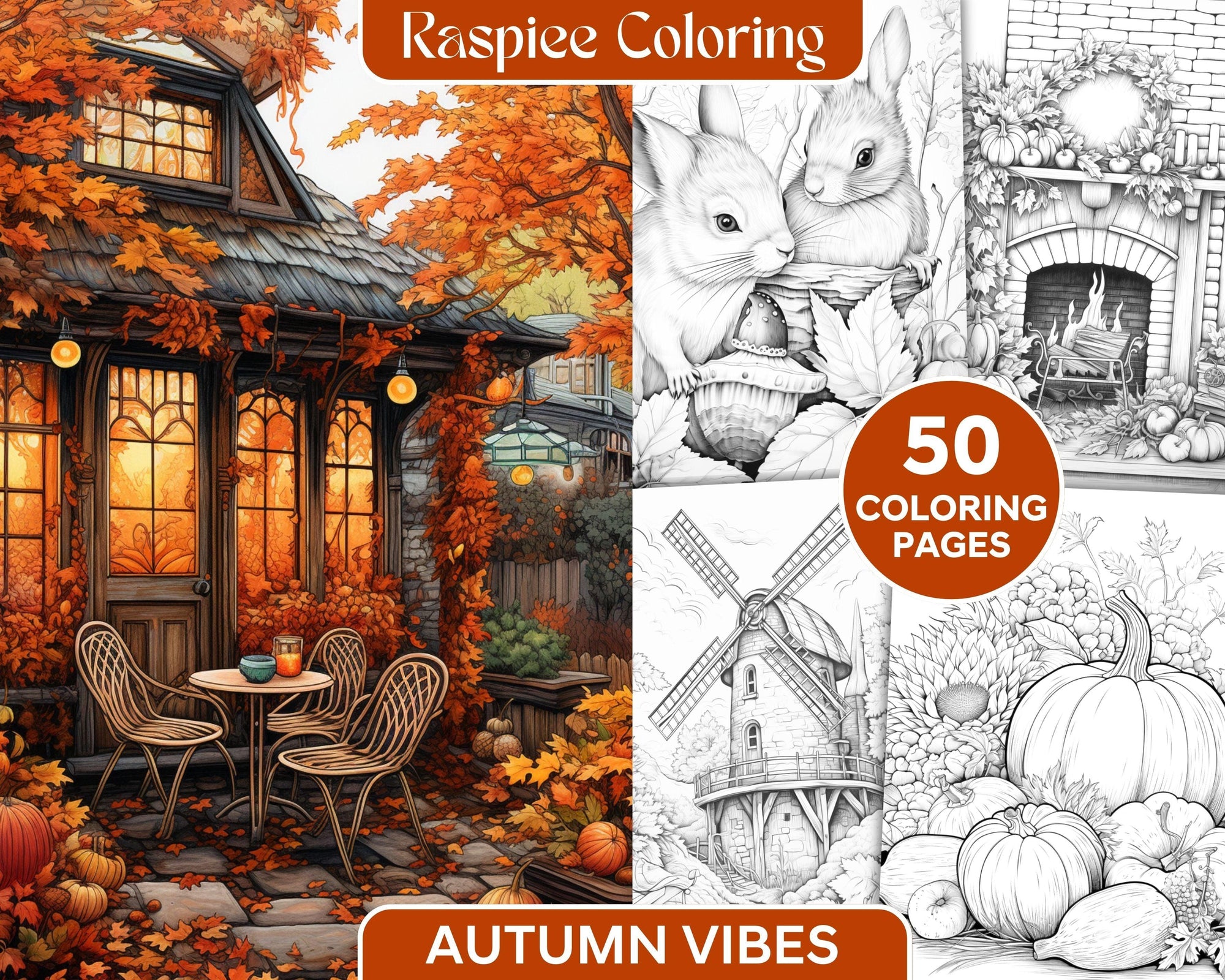 Autumn Vibes Grayscale Coloring Pages Printable for Adults, PDF File I