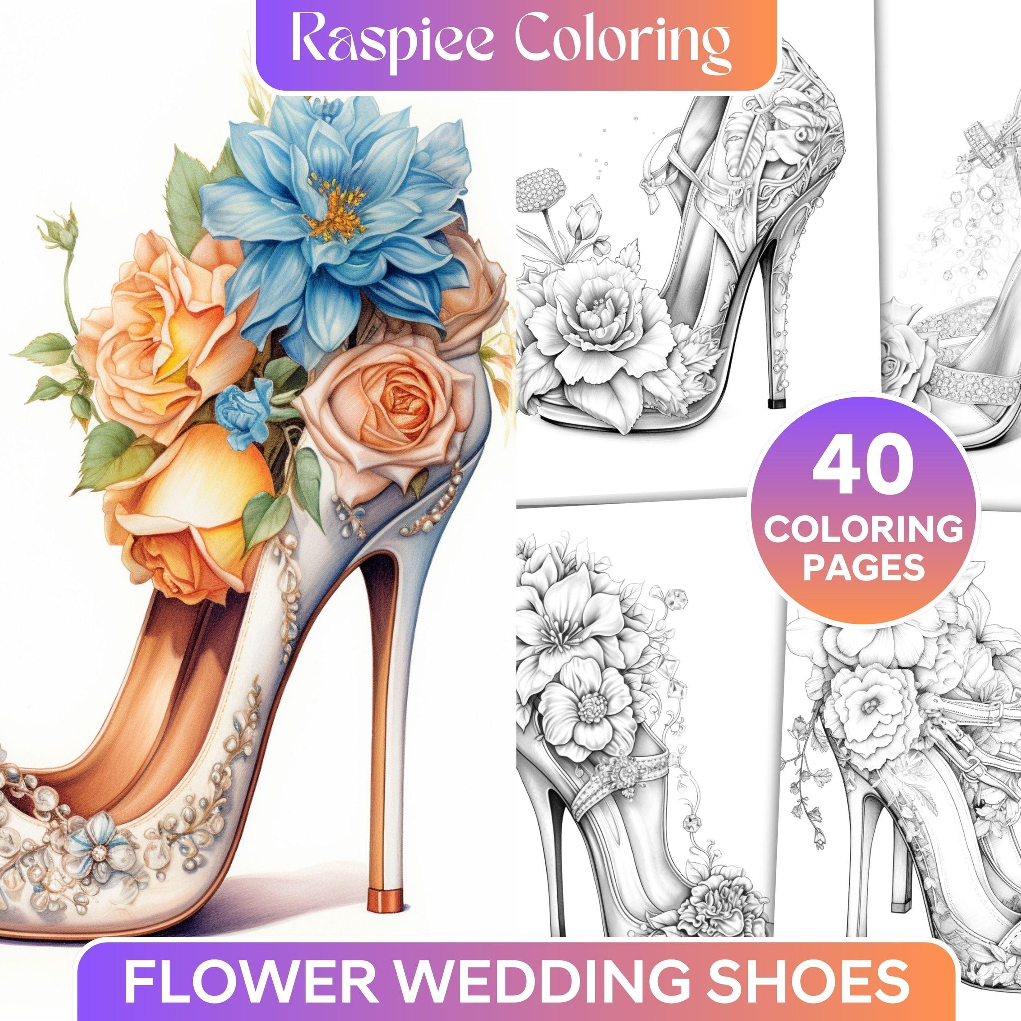 40 Flower Wedding Shoes Grayscale Coloring Pages Printable for Adults,