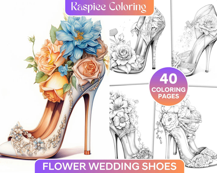 40 Flower Wedding Shoes Grayscale Coloring Pages Printable for Adults,