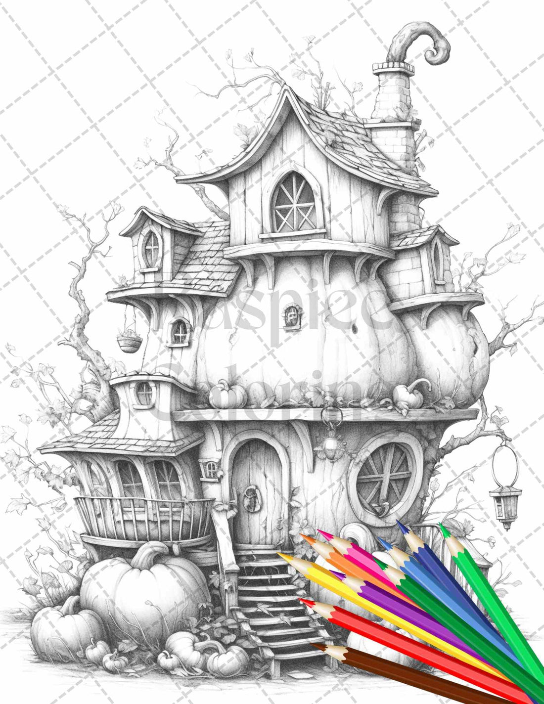 40 Pumpkin Fairy Houses Grayscale Coloring Pages Printable for Adults,