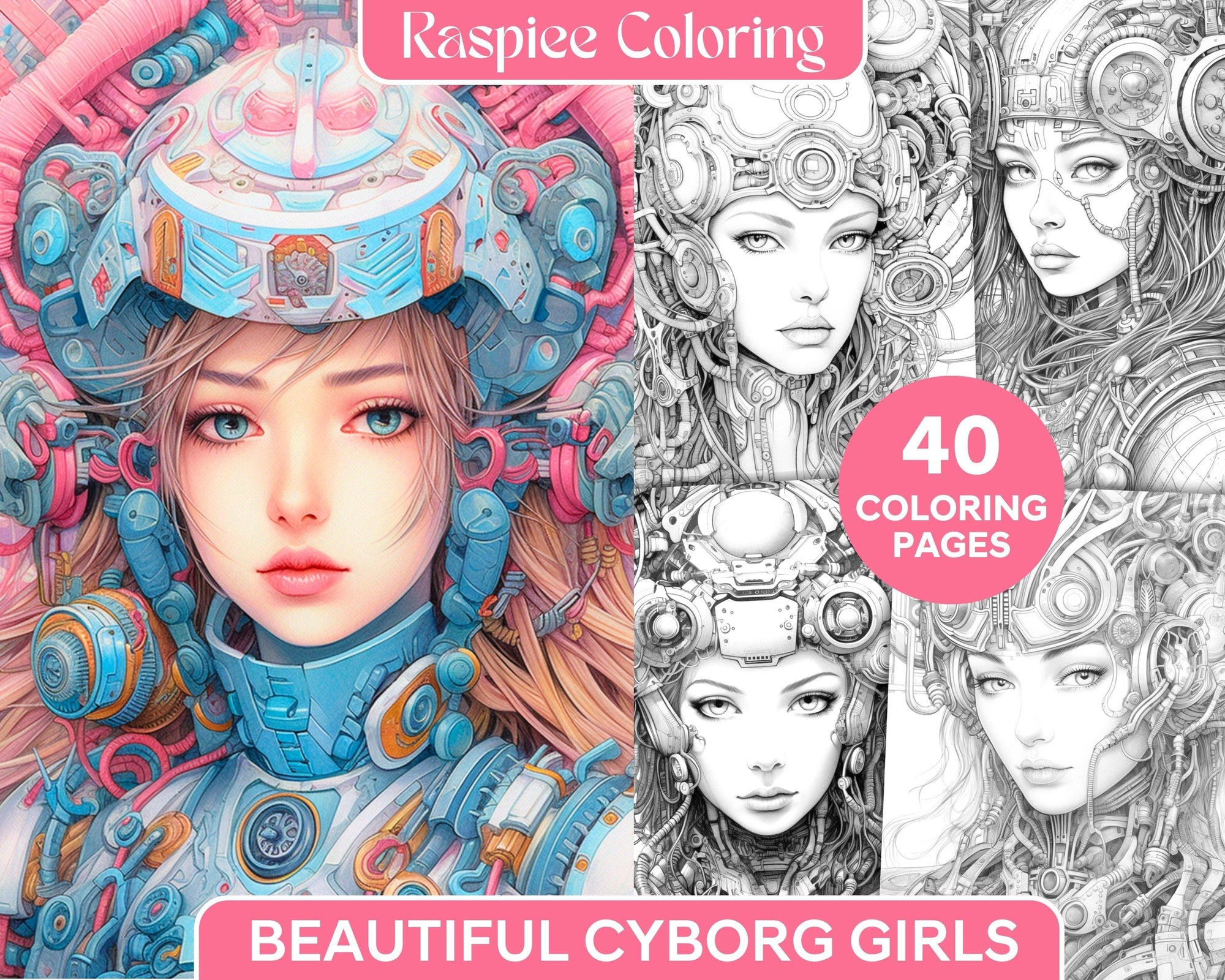 40 Beautiful Cyborg Girls Grayscale Coloring Pages Printable for Adult