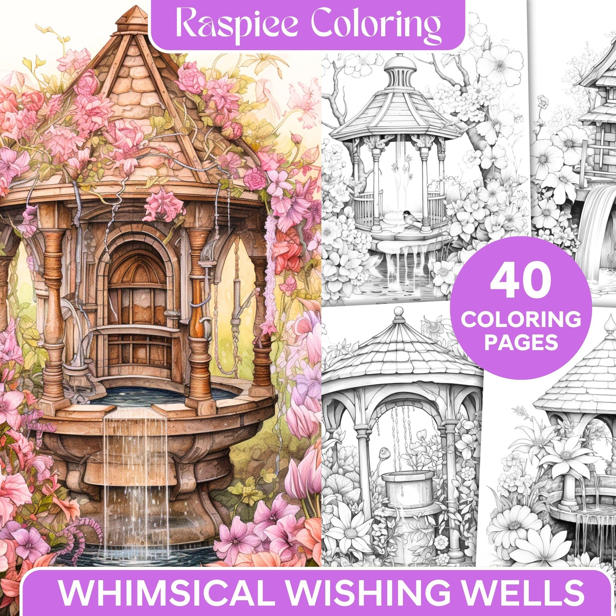 40 Whimsical Wishing Wells Grayscale Coloring Pages Printable for Adul