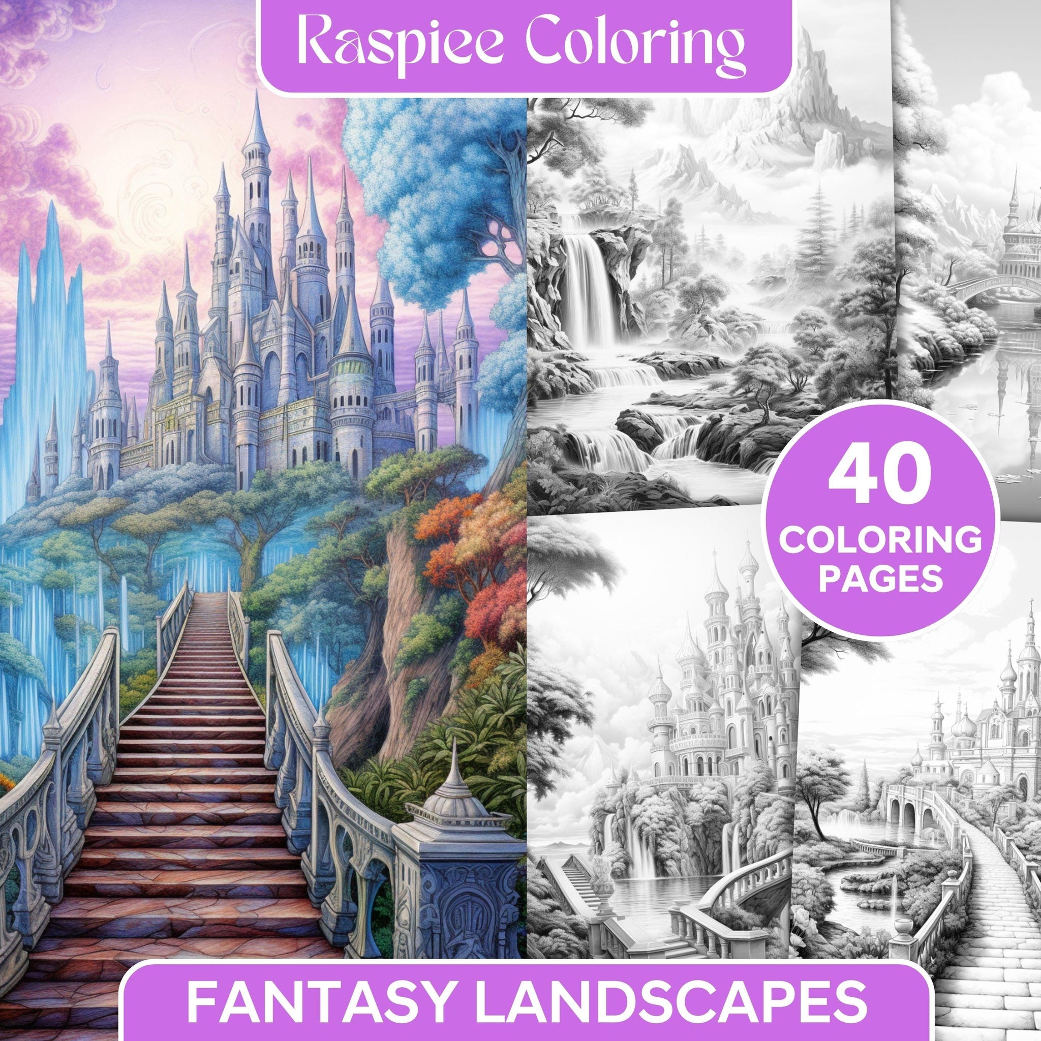 40 Fantasy Landscapes Grayscale Coloring Pages Printable for Adults, P