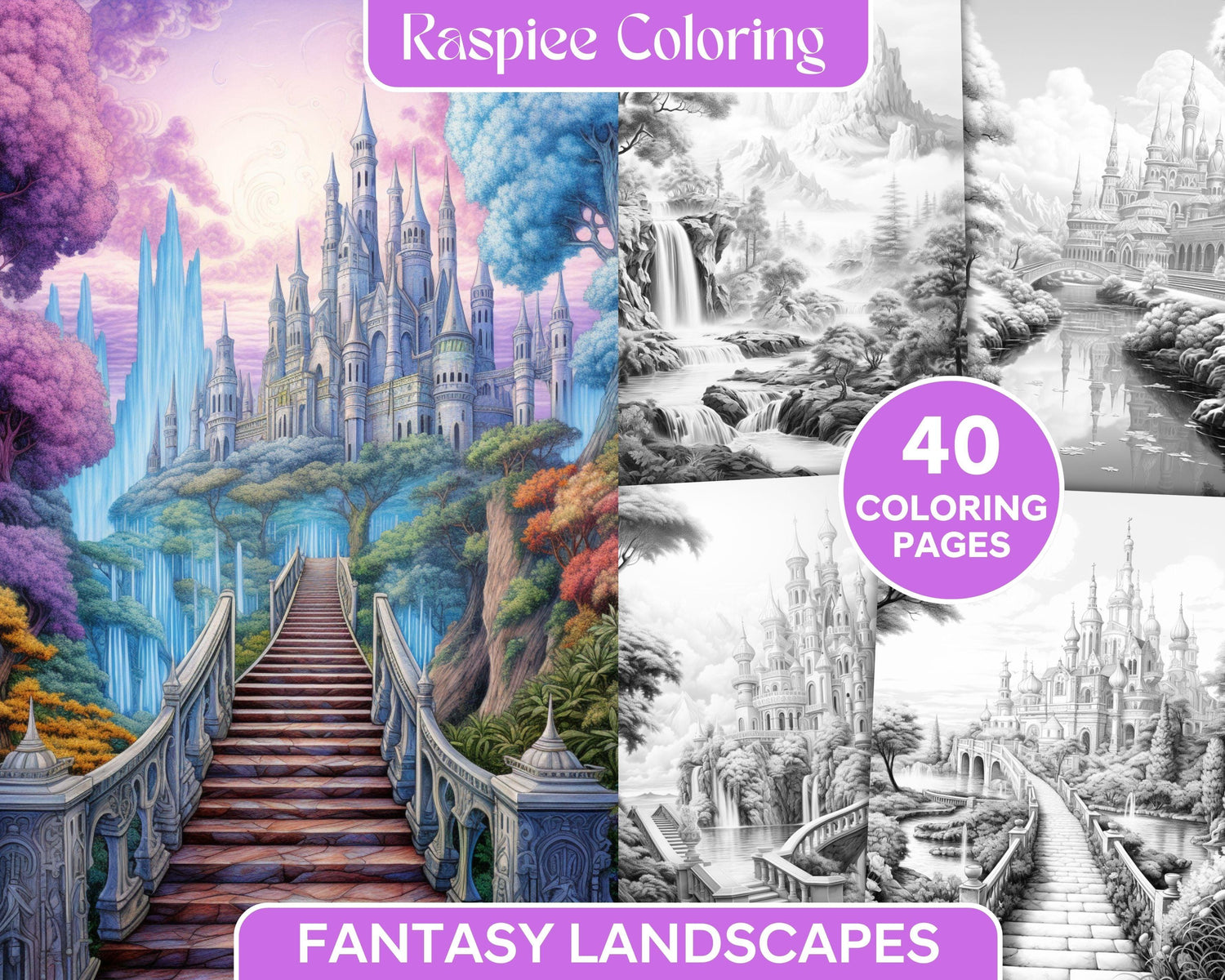 40 Fantasy Landscapes Grayscale Coloring Pages Printable for Adults, P