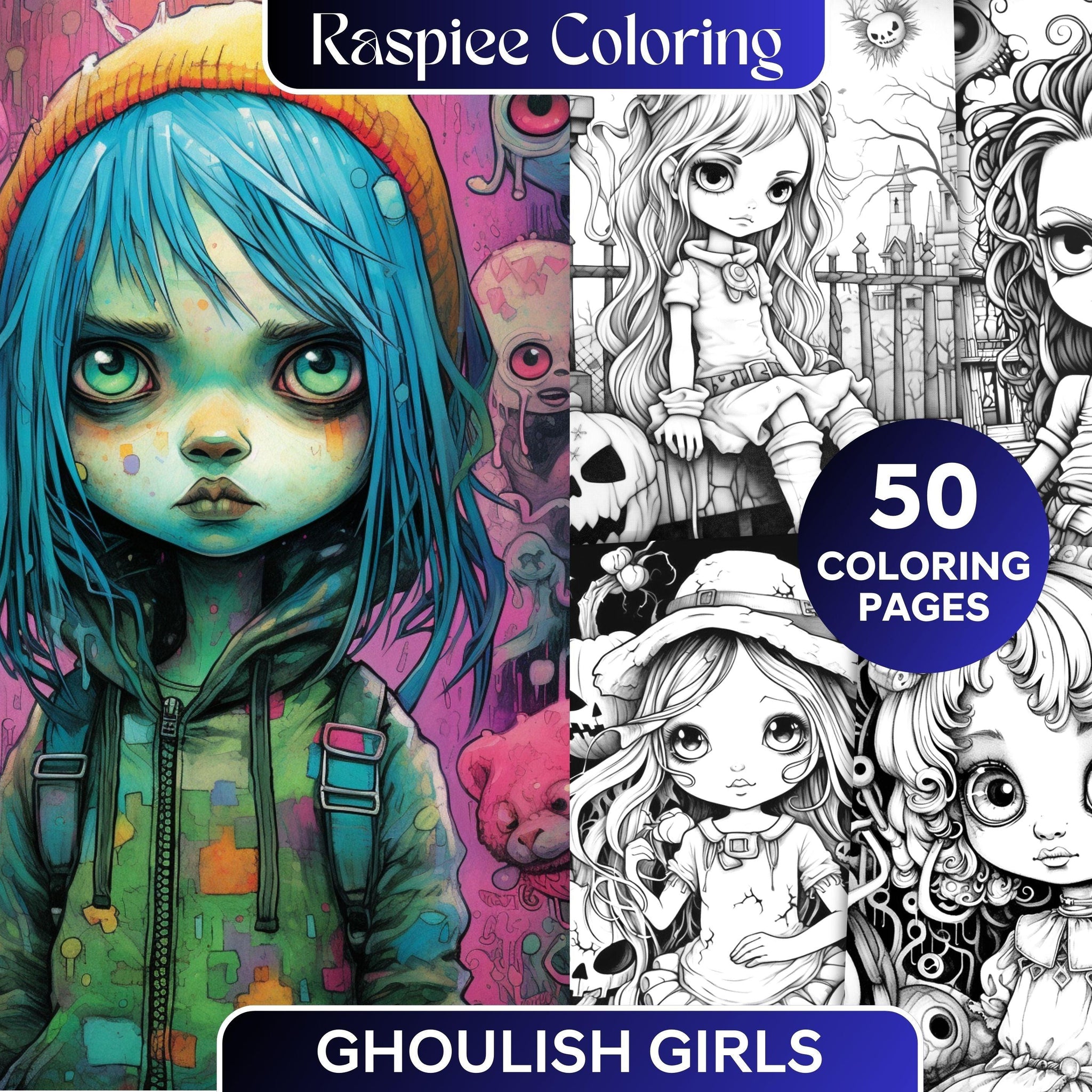 50 Ghoulish Girls Grayscale Coloring Pages Printable for Adults, PDF F