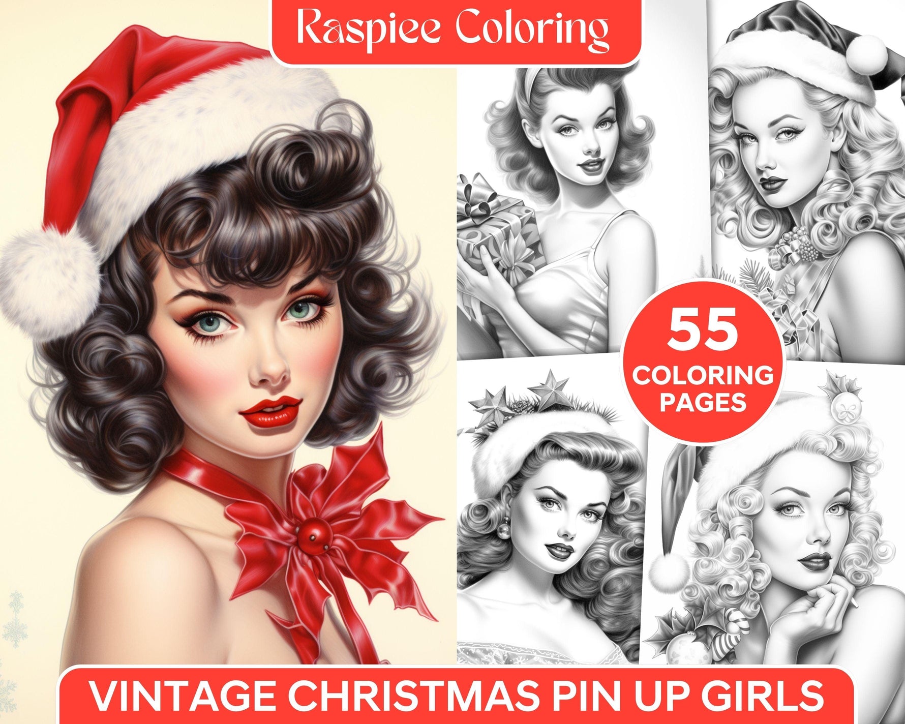 55 Vintage Christmas Pin Up Girls Grayscale Coloring Pages for Adults,