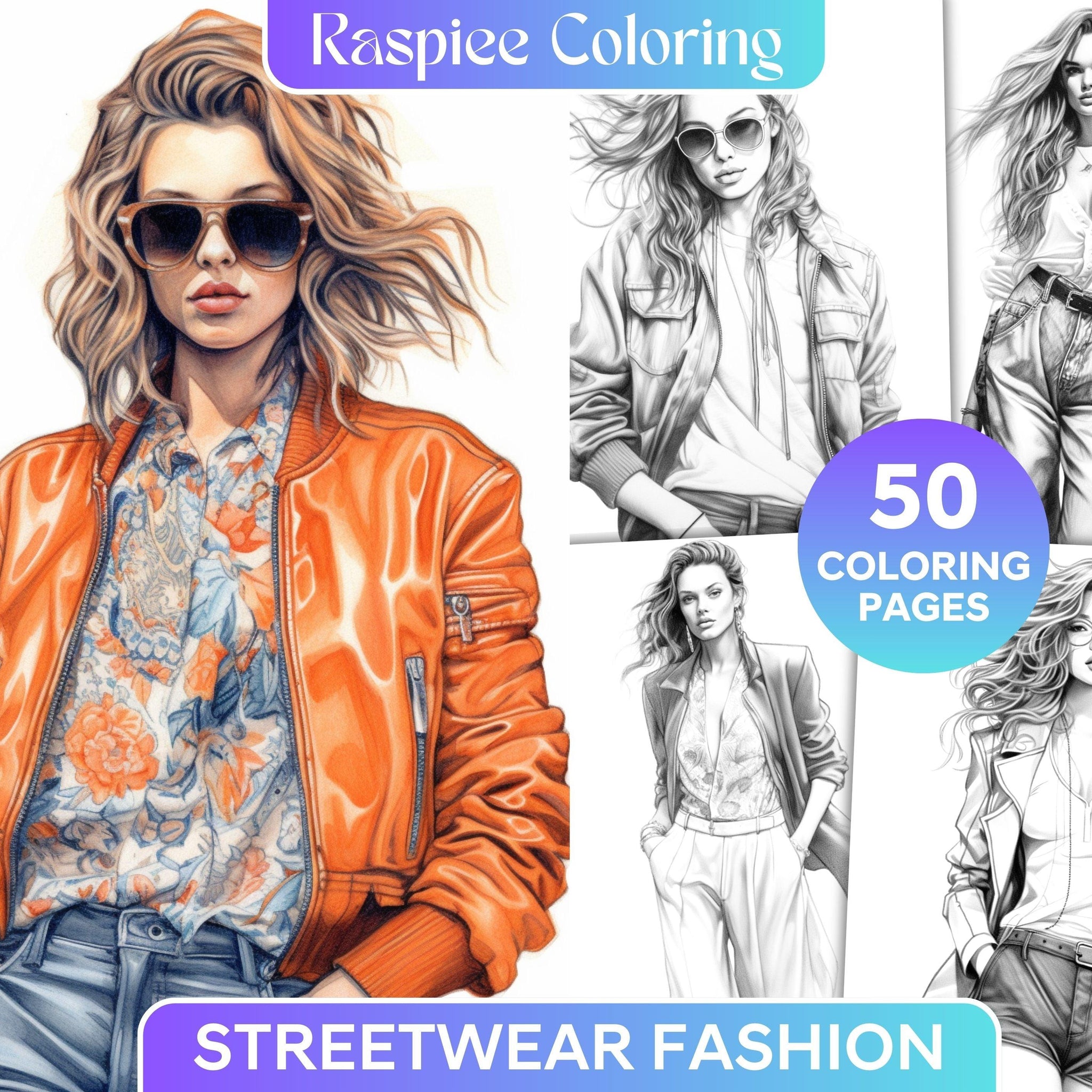 50 Streetwear Fashion Grayscale Coloring Pages Printable for Adults, P