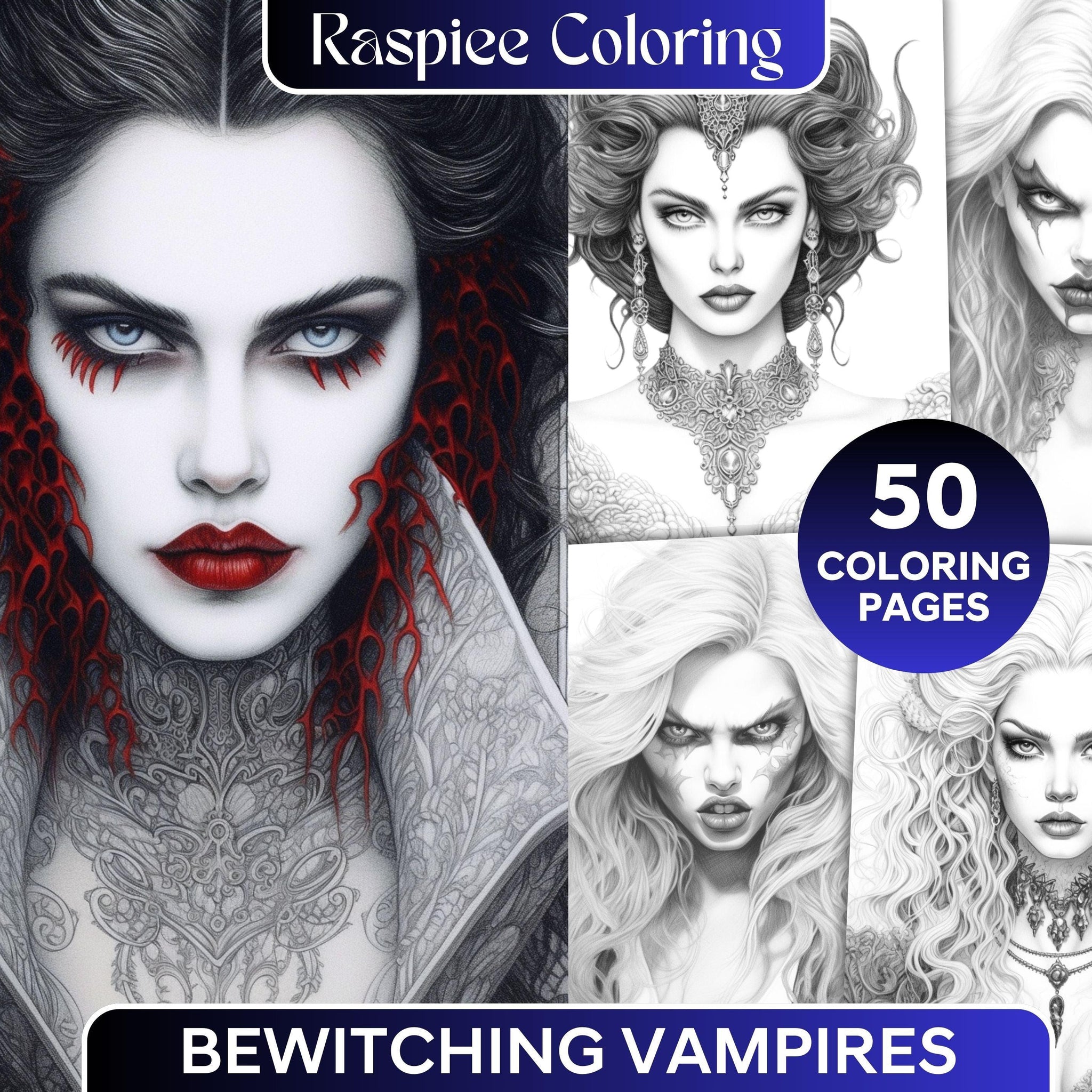 Bewitching Vampires Grayscale Coloring Pages Printable for Adults, PDF