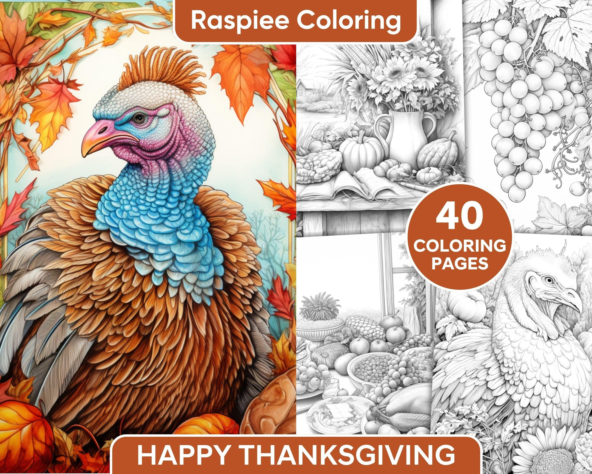 40 Happy Thanksgiving Grayscale Coloring Pages for Adults, Printable P ...