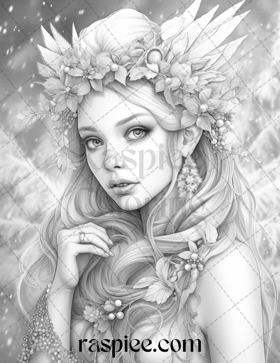 50 Winter Fairy Grayscale Coloring Pages Printable for Adults, PDF Fil