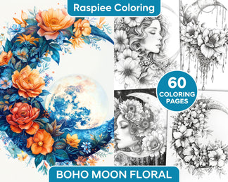 60 Boho Moon Floral Grayscale Adult Coloring Pages Printable PDF Insta ...