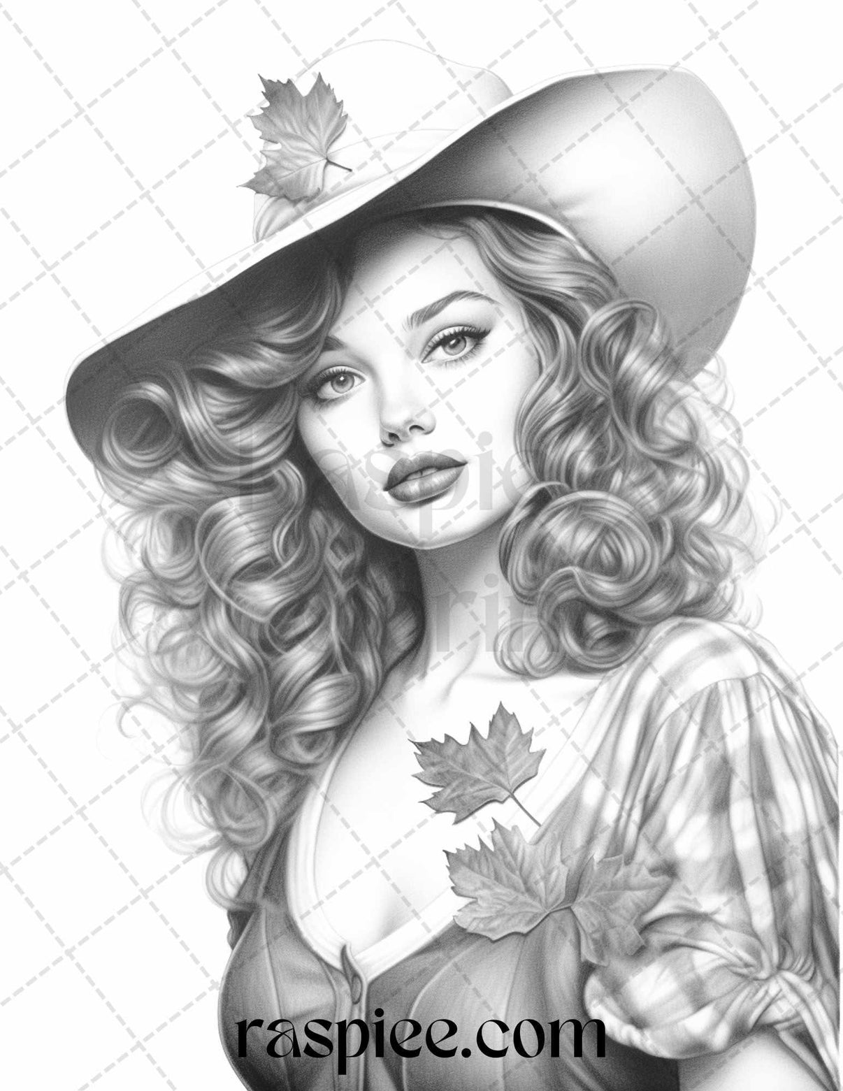 55 Autumn Pin Up Girls Grayscale Coloring Pages Printable for Adults,