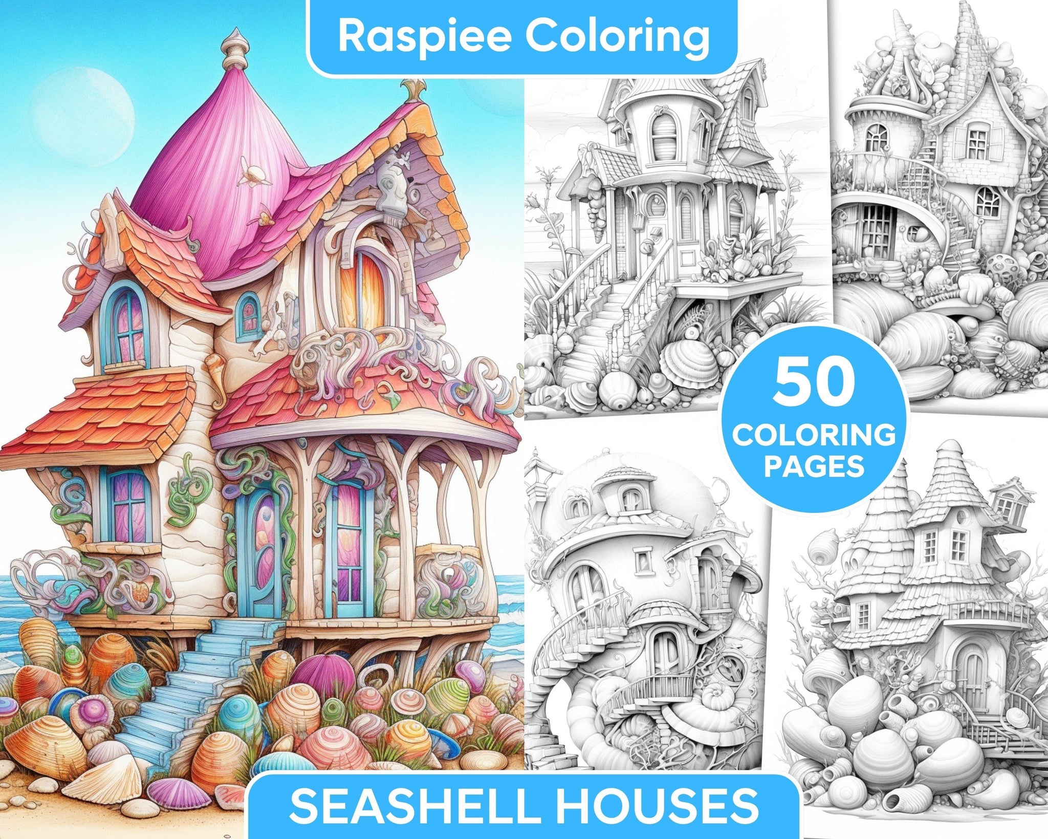 50 Seashell Houses Grayscale Adult Coloring Pages, Printable PDF Insta ...