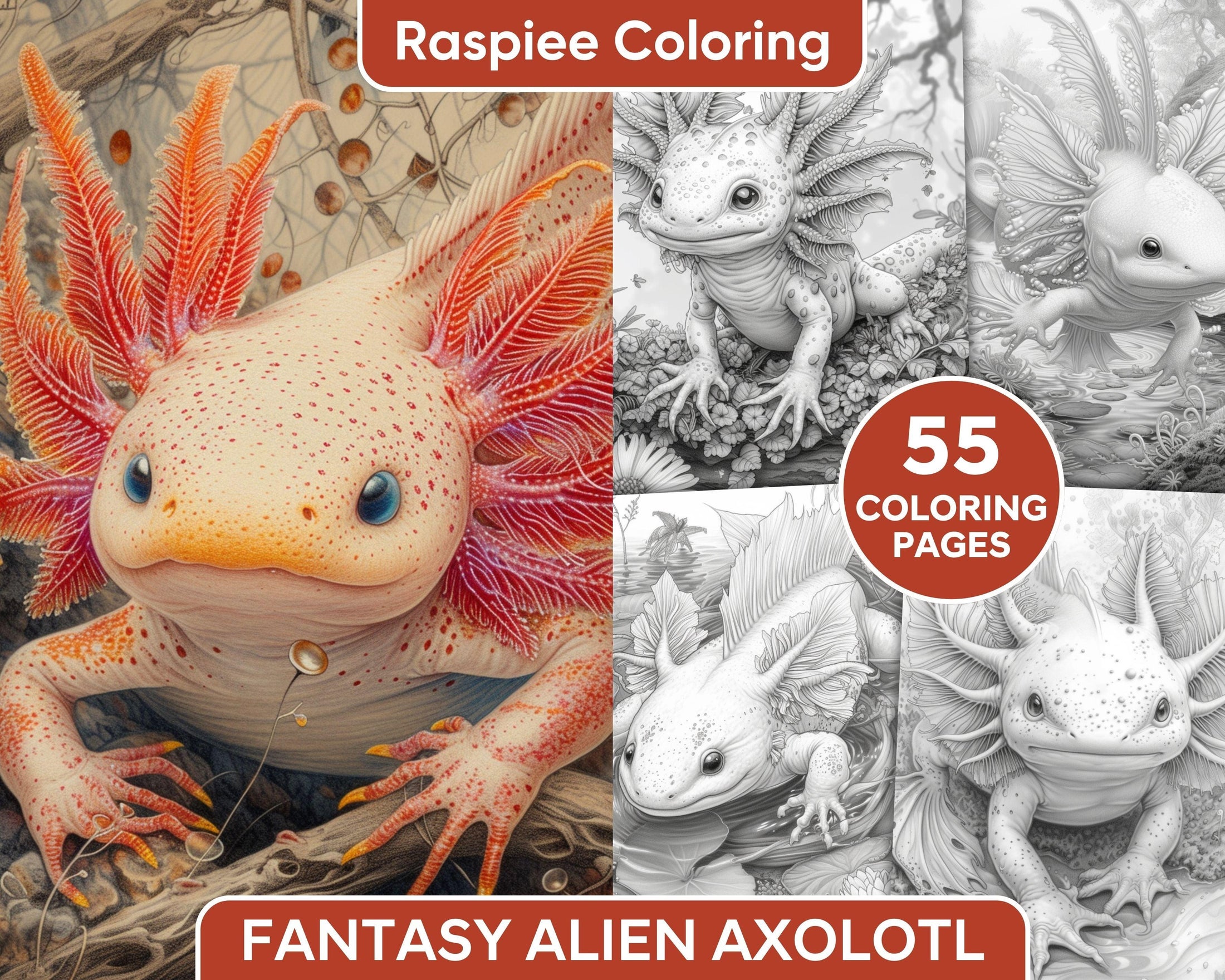 55 Fantasy Alien Axolotl Grayscale Adult Coloring Pages, Printable PDF ...