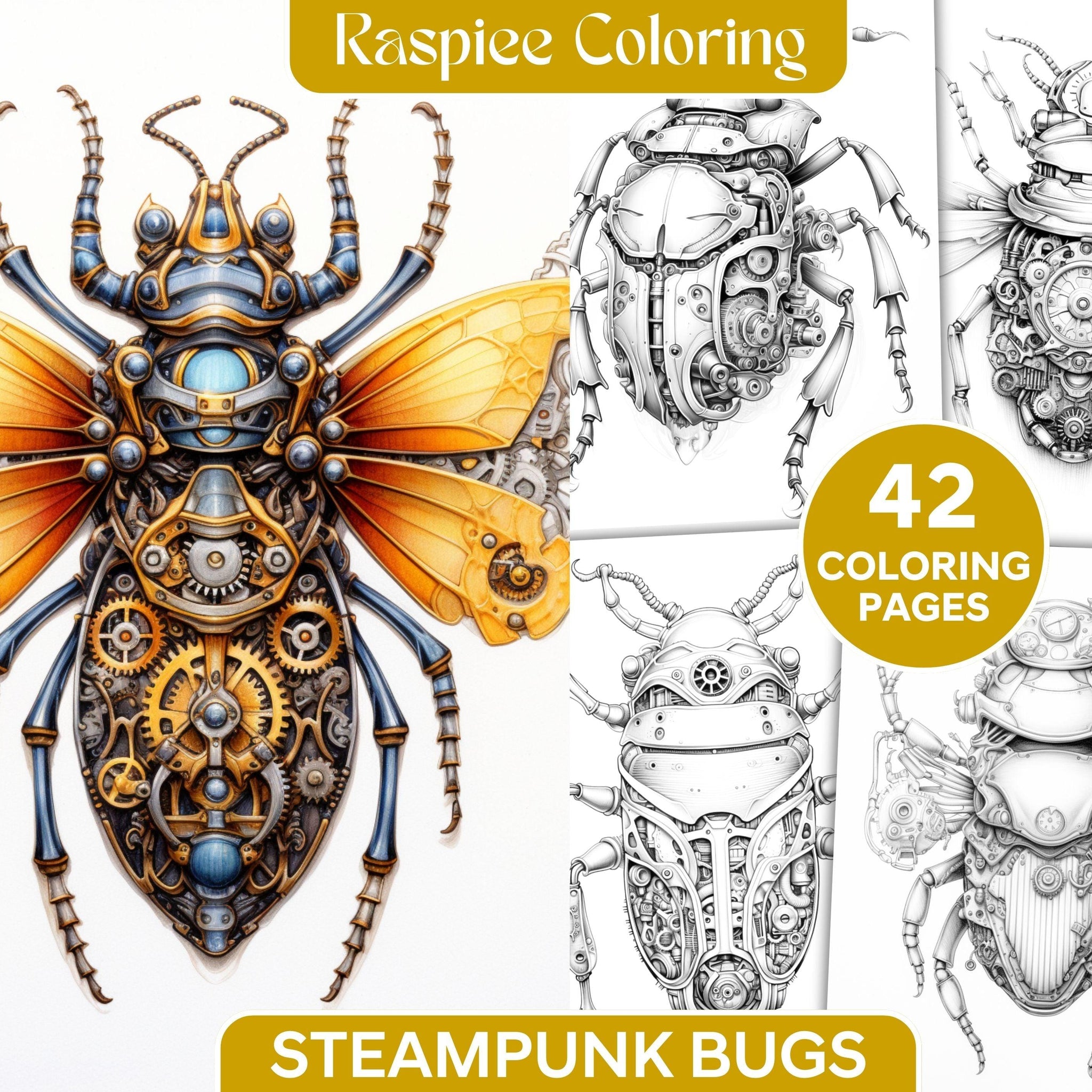 42 Steampunk Bugs Grayscale Coloring Pages Printable for Adults, PDF F