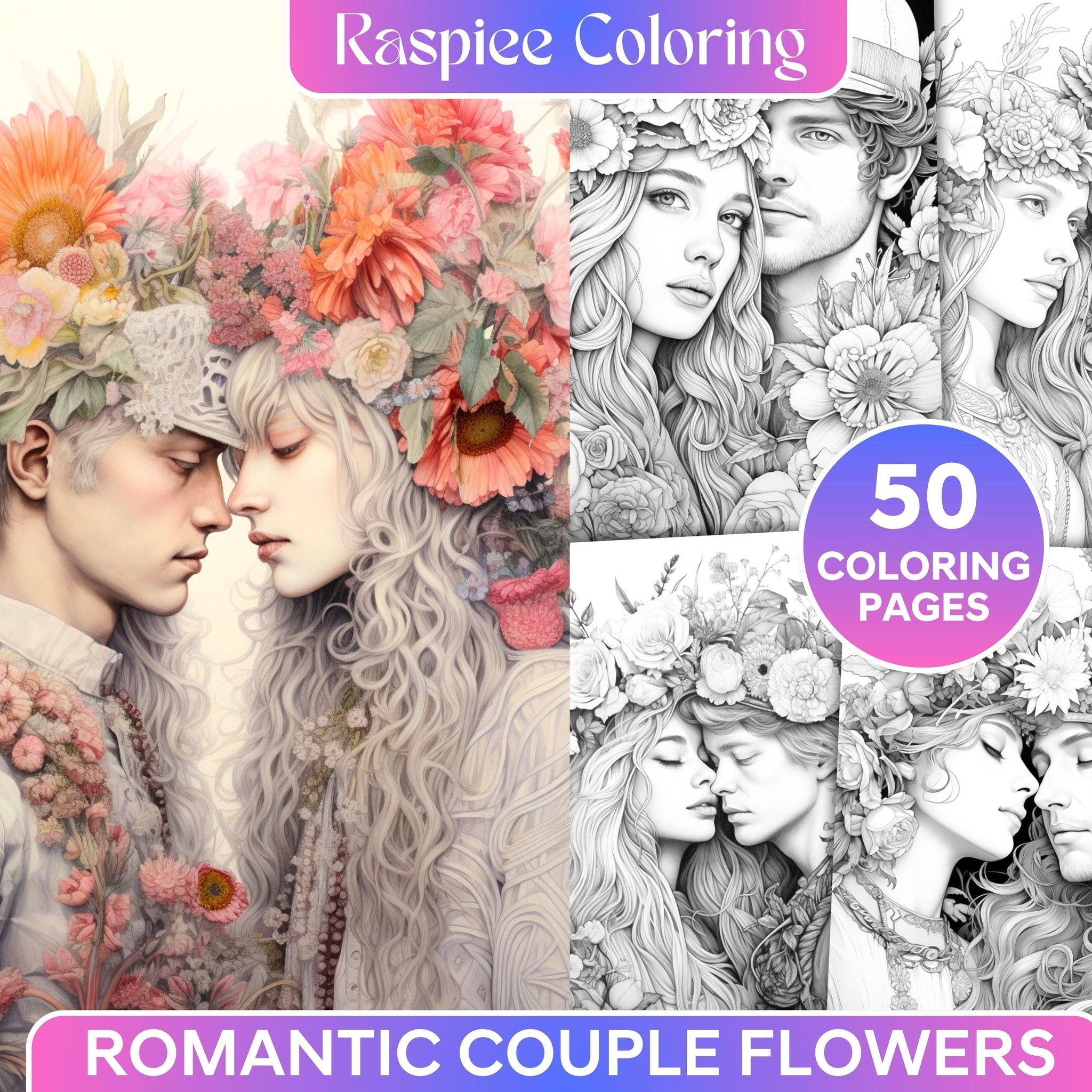 50 Romantic Couple Flowers Grayscale Coloring Pages Printable for Adul