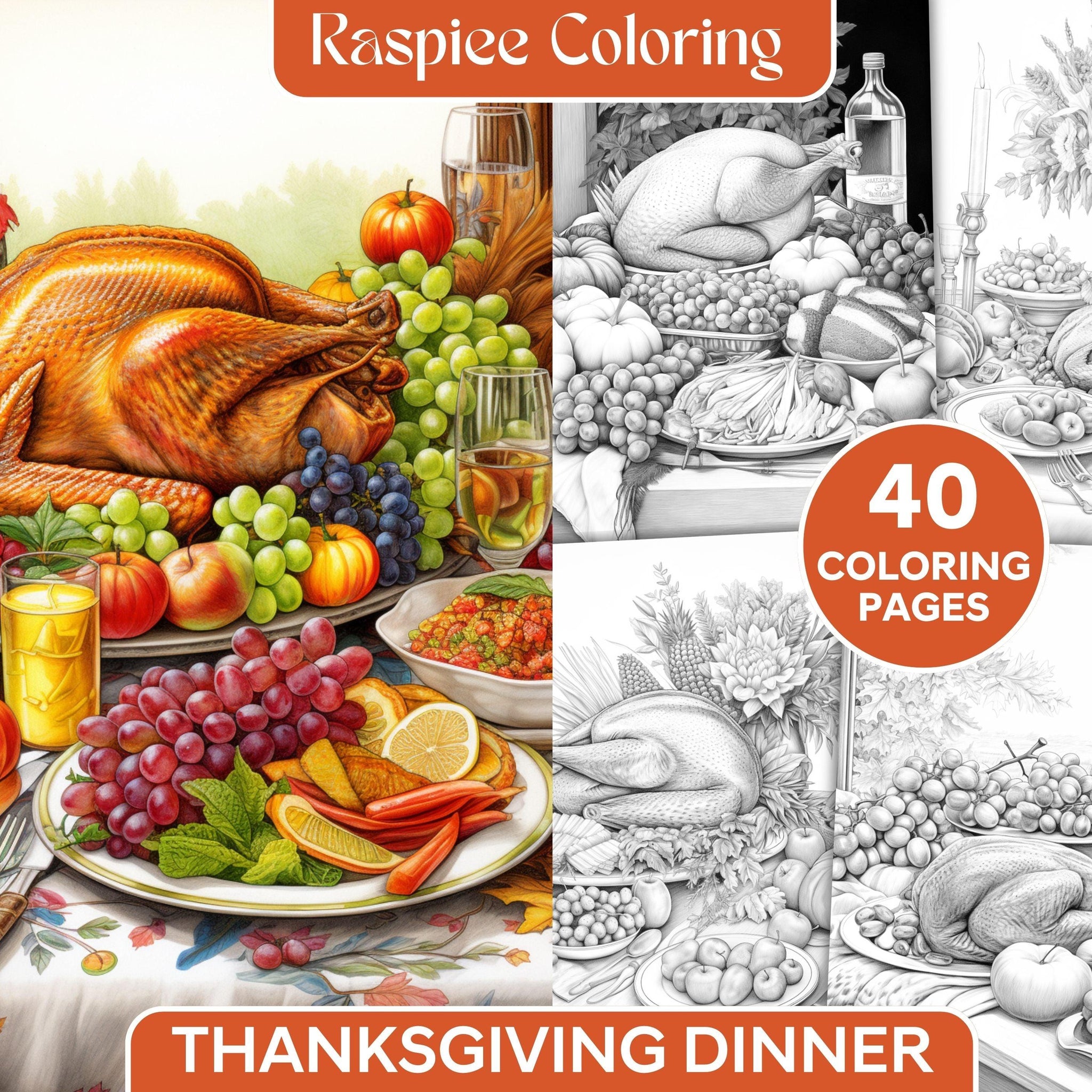 Thanksgiving Dinner Grayscale Coloring Pages for Adults, Relaxing Fall
