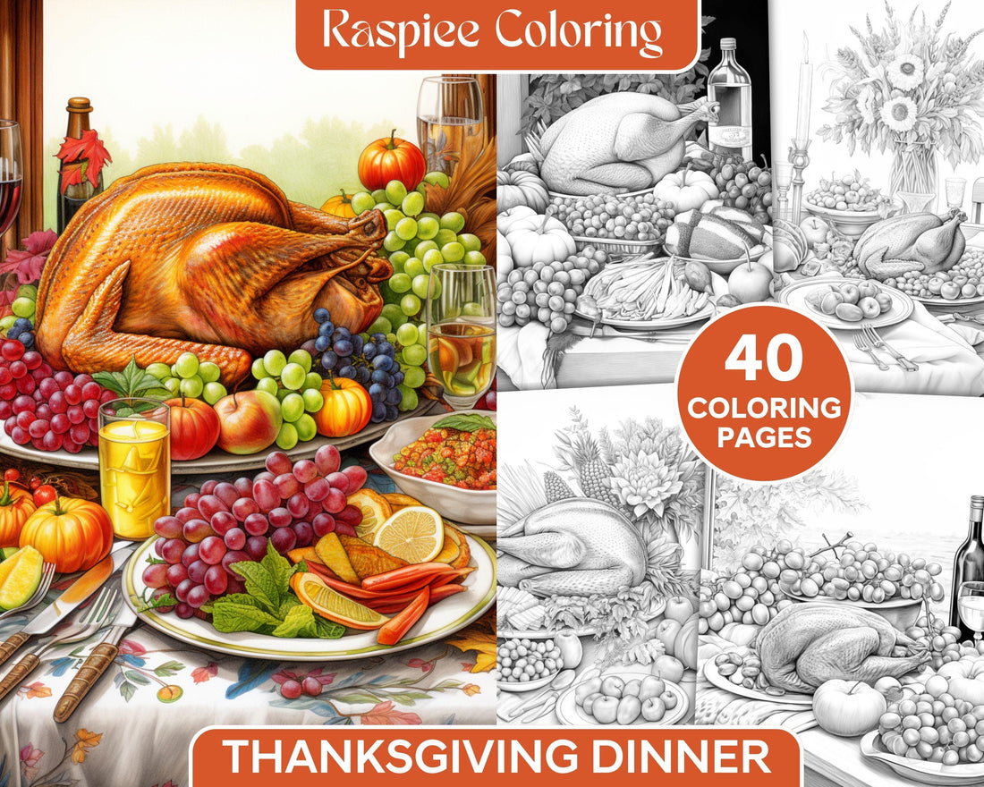 Thanksgiving Dinner Grayscale Coloring Pages for Adults, Relaxing Fall