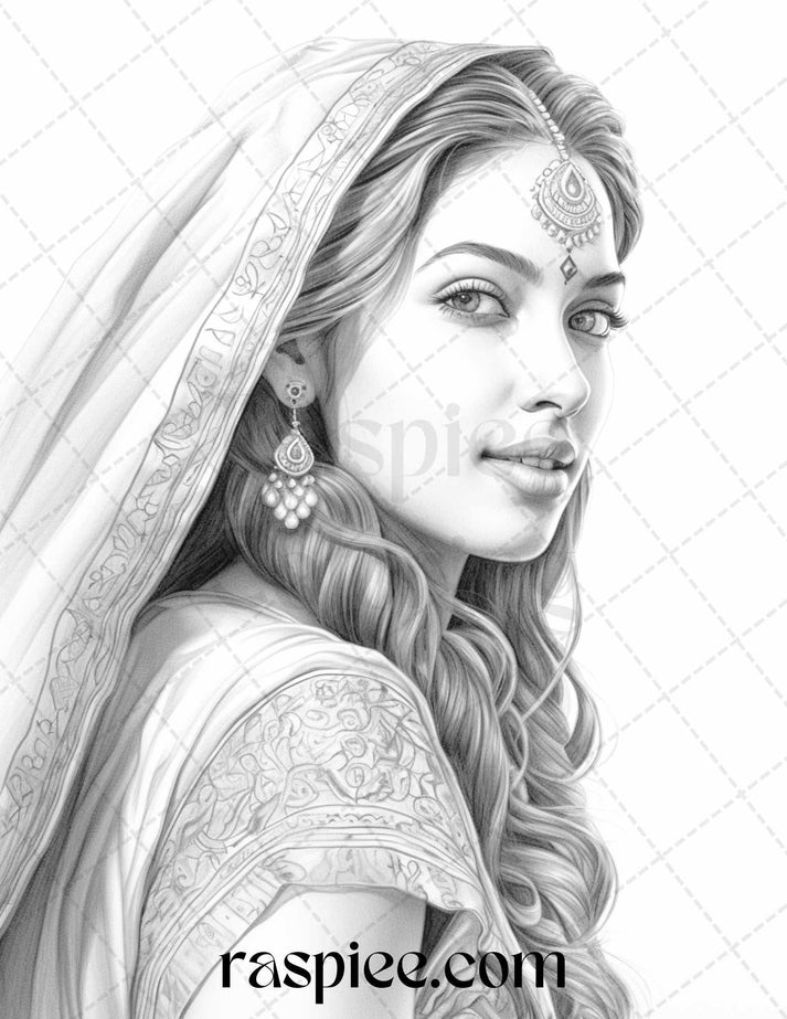 50 Beautiful Indian Women Grayscale Coloring Pages for Adults, Printab