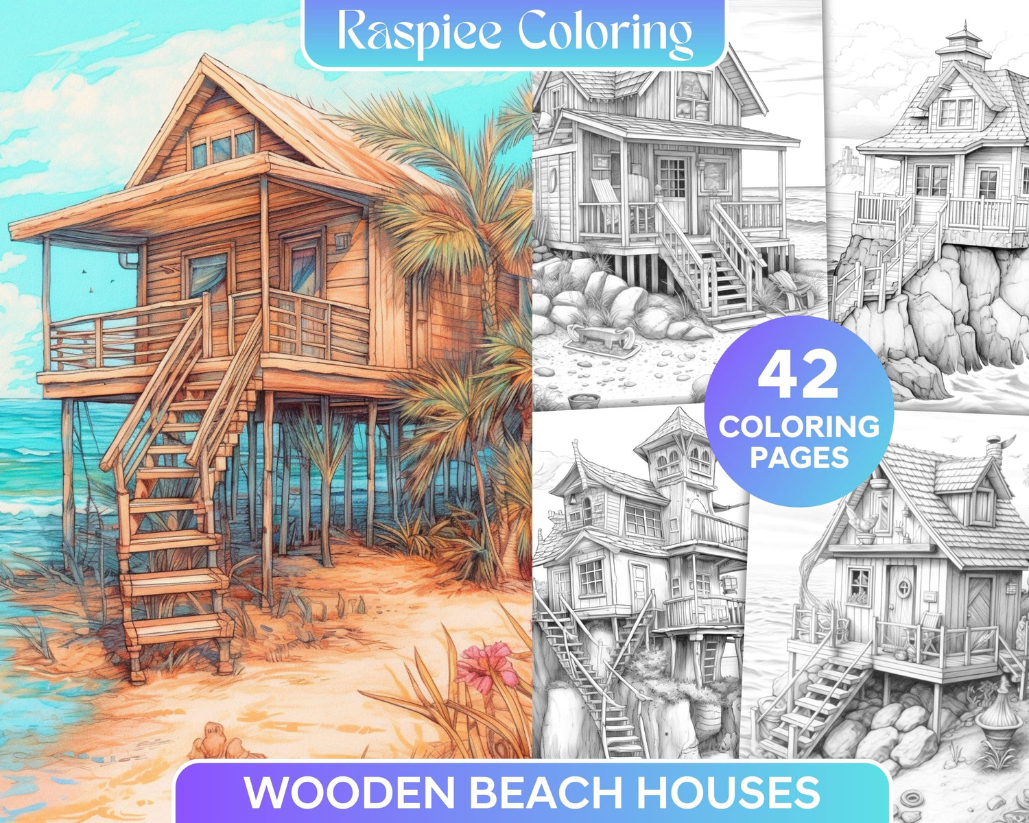 42 Wooden Beach Houses Grayscale Coloring Pages Printable for Adults,