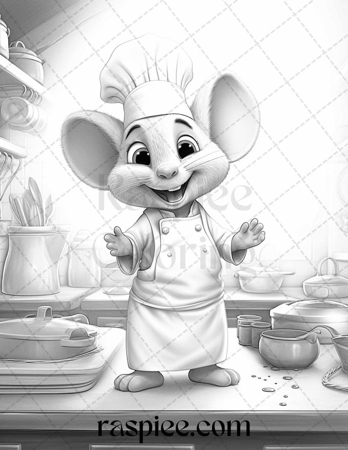 45 Mouse Chef Grayscale Coloring Pages Printable for Adults, PDF File