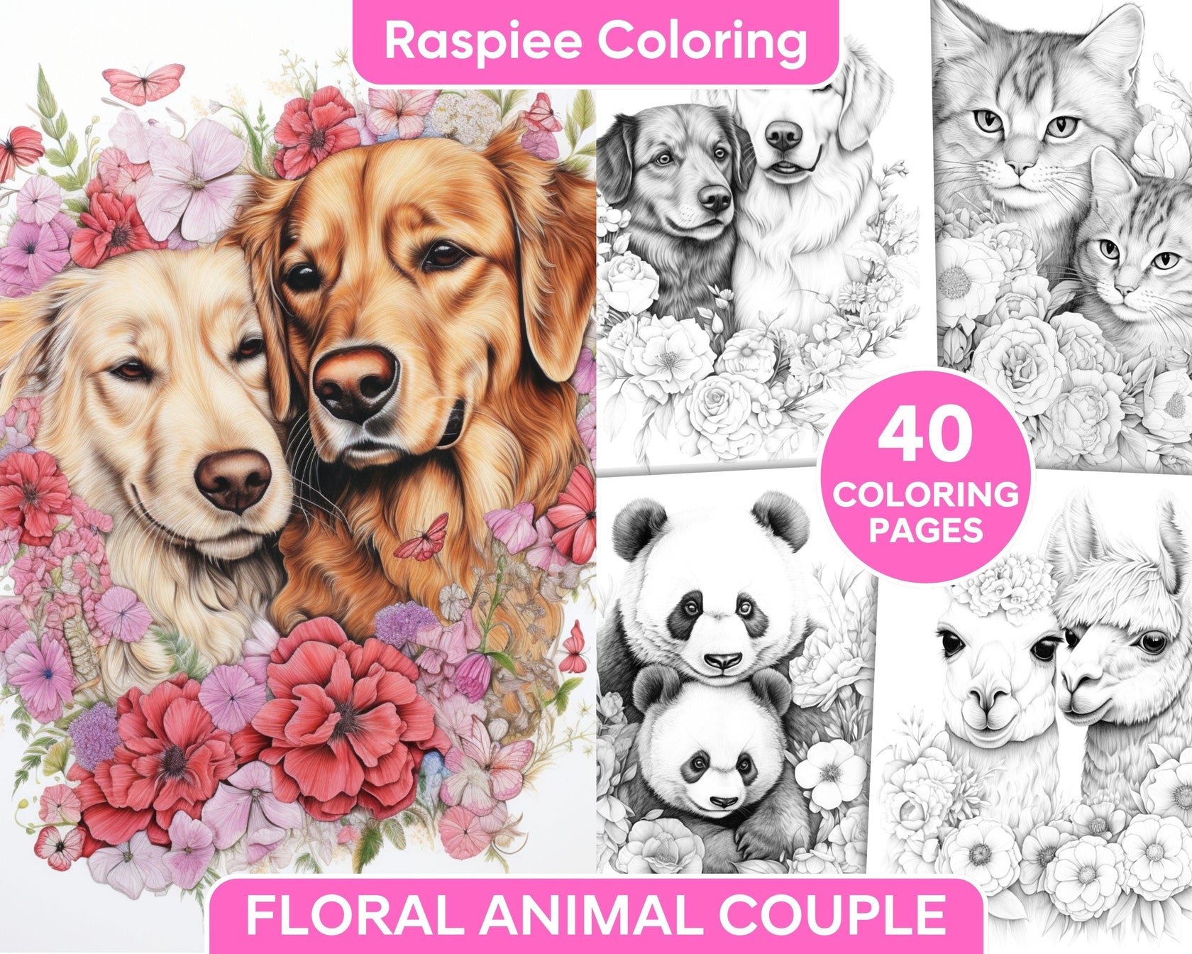 40 Floral Animal Couple Grayscale Coloring Pages for Adults, Printable ...