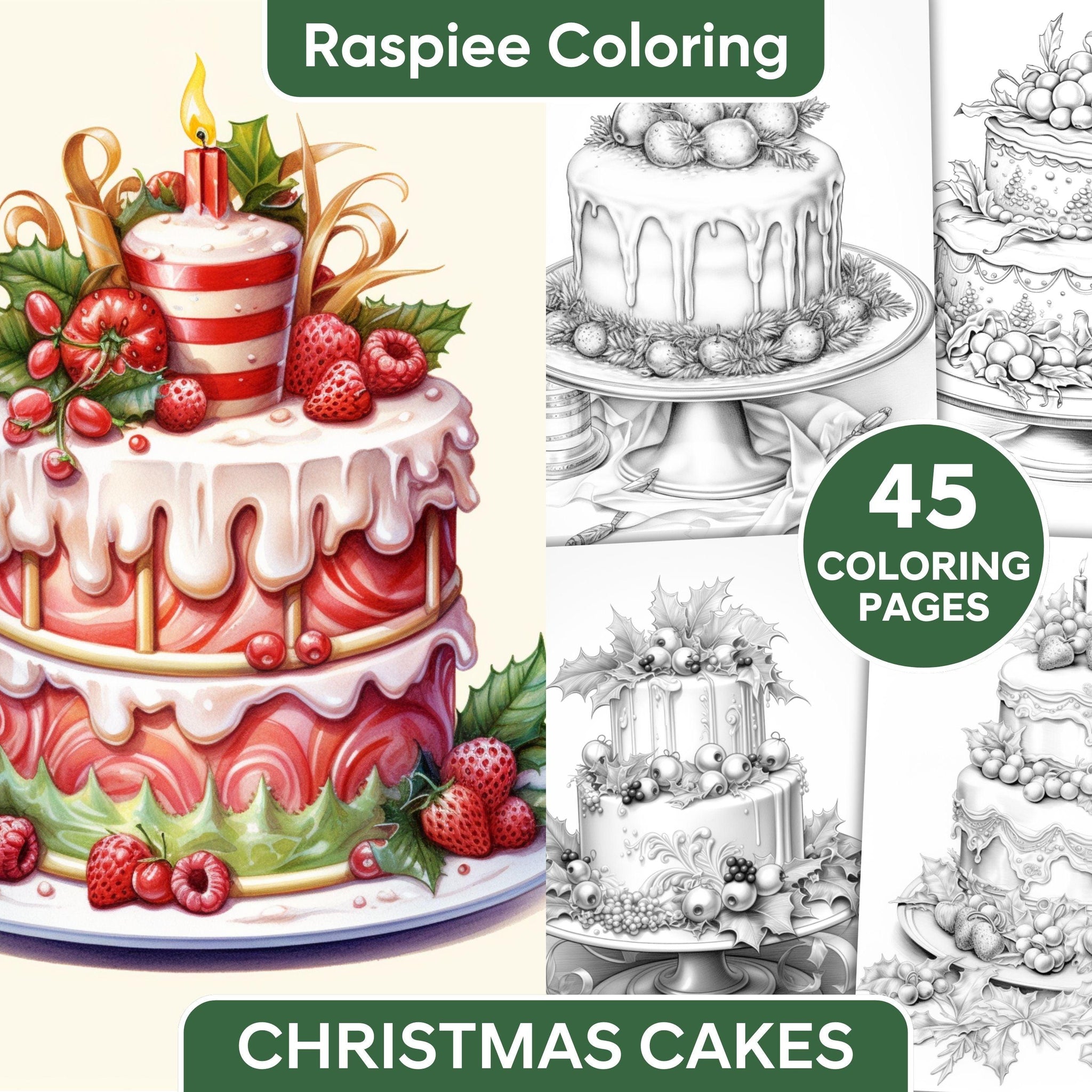 45 Christmas Cakes Grayscale Coloring Pages for Adults, Printable PDF